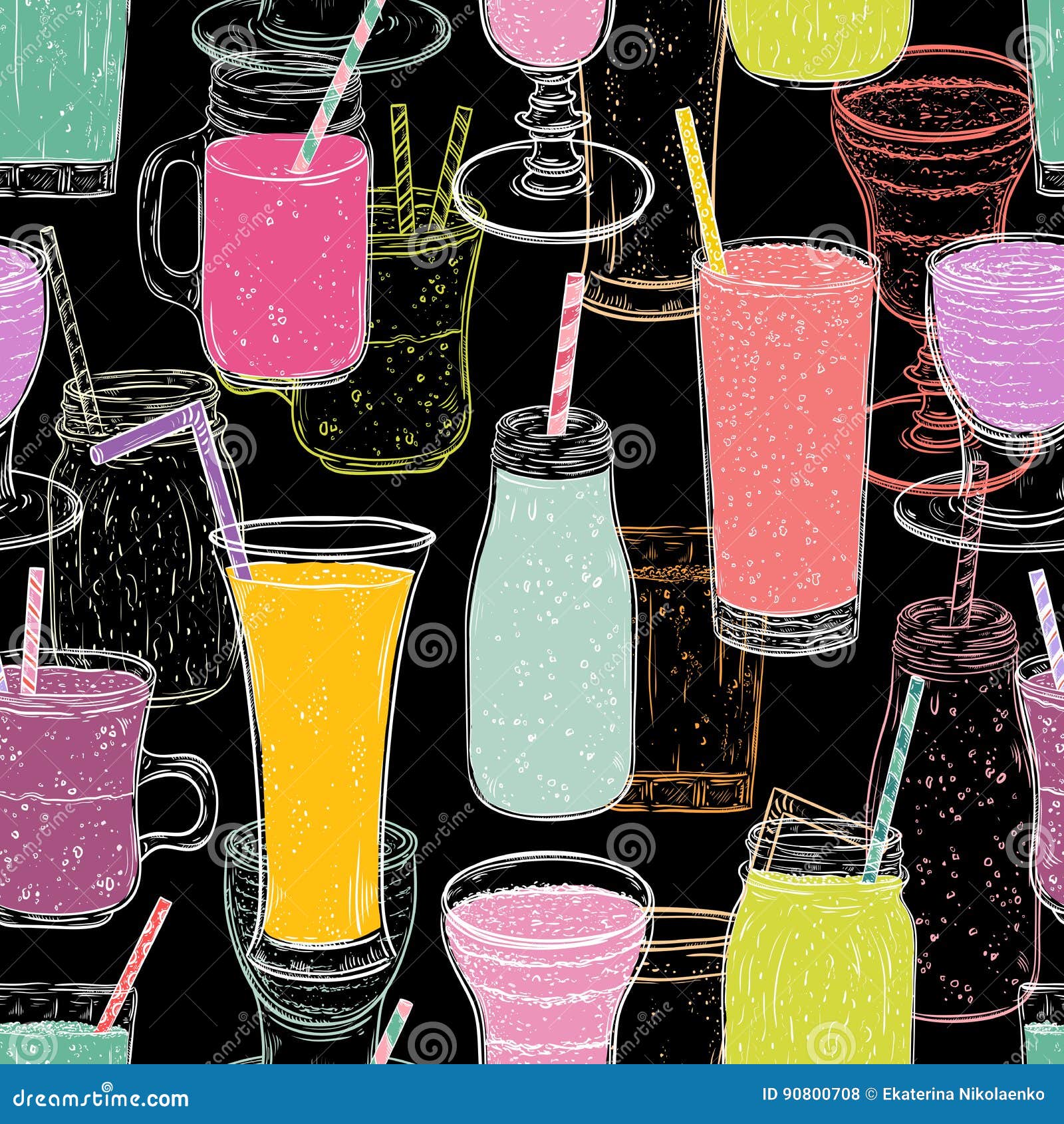 Seamless Pattern with Smoothie Set on Chalkboard. Healthy Food Stock ...