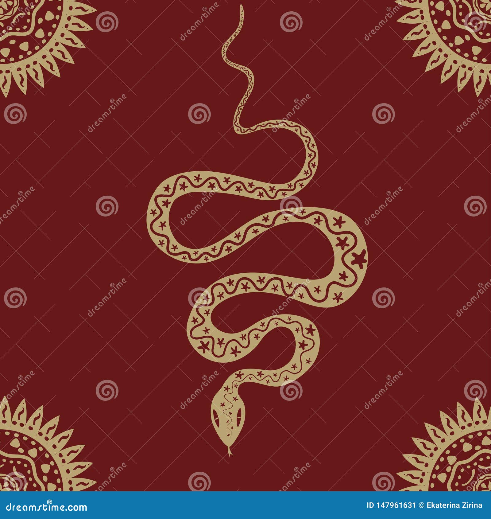 Seamless Pattern with Snake and Sun. Red and Yellow. Vector Ethnic ...