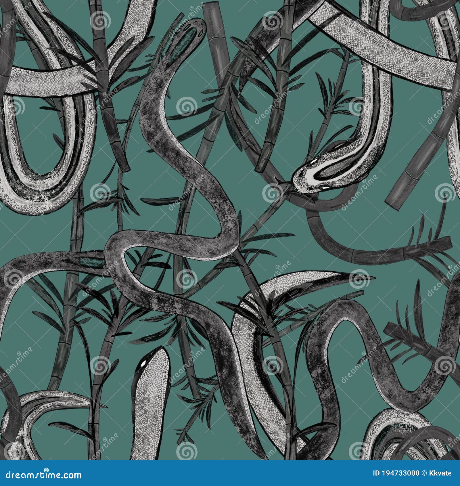 Seamless Pattern with Snakes, and Bamboo Branches on Blue Background ...
