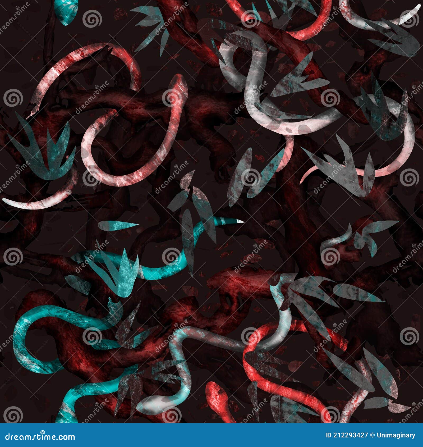 Seamless Pattern with Snakes, Leaves and Branches on Black Background ...