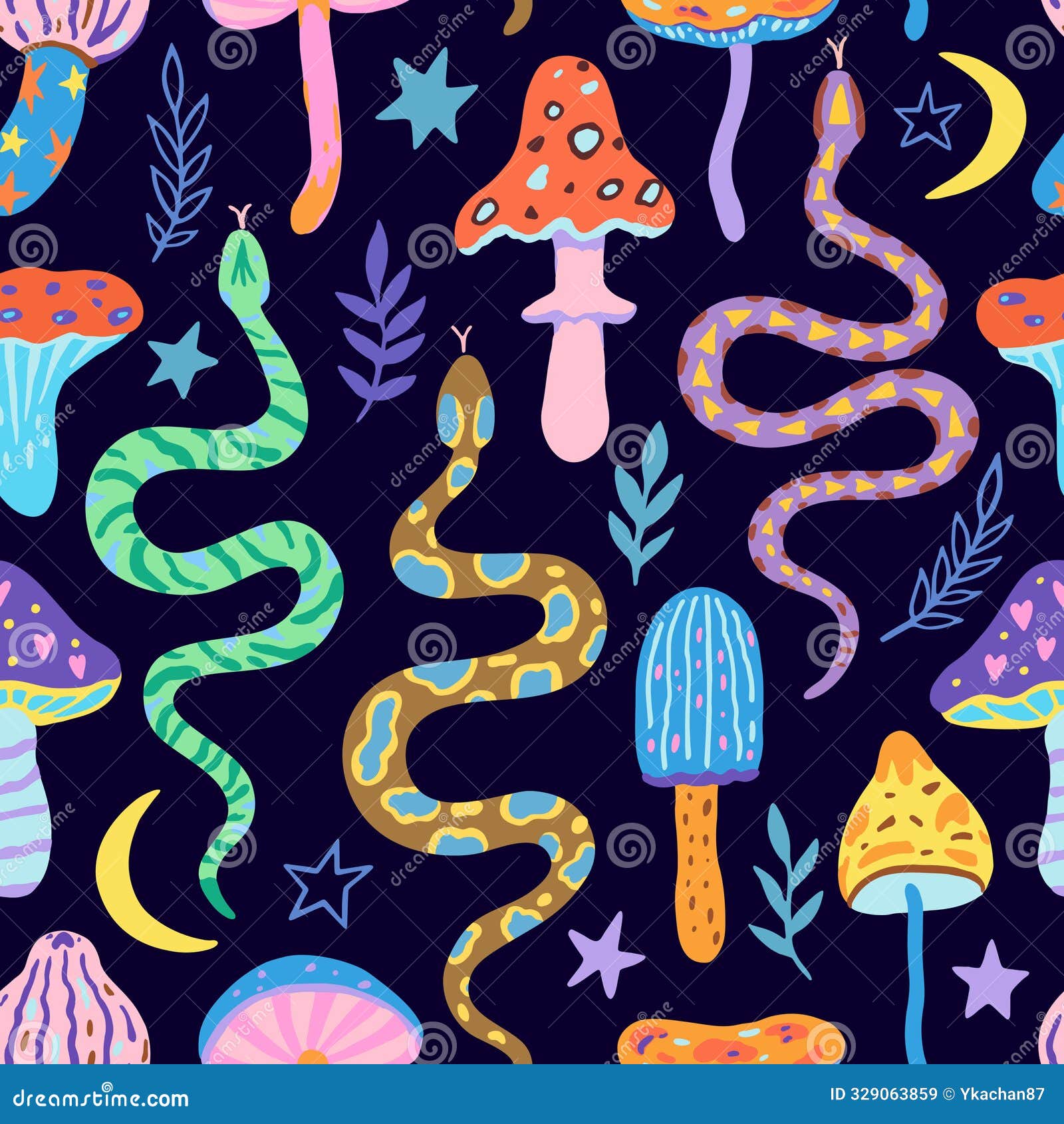 Seamless Pattern with Snakes and Magic Mushrooms. Vector Illustration ...