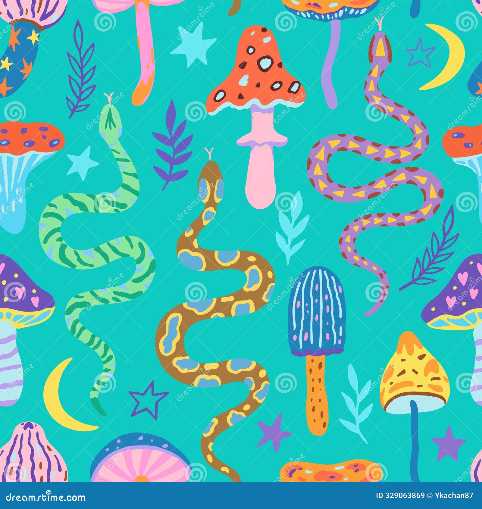 Seamless Pattern with Snakes and Magic Mushrooms. Vector Illustration ...