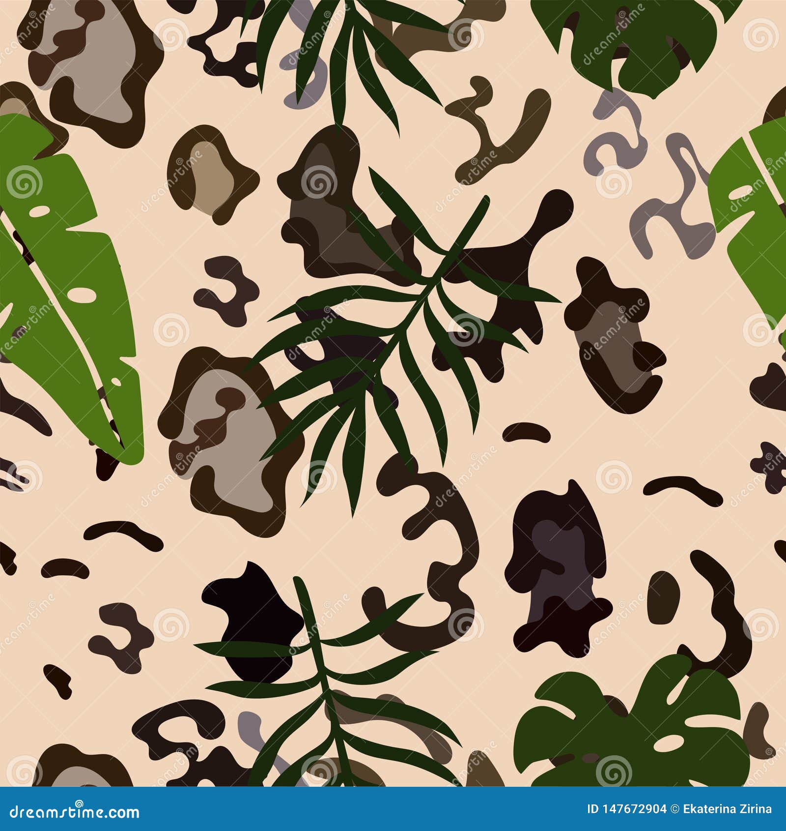 Seamless Pattern of Snow Leopard Skins and Tropical Leaves. Vector ...