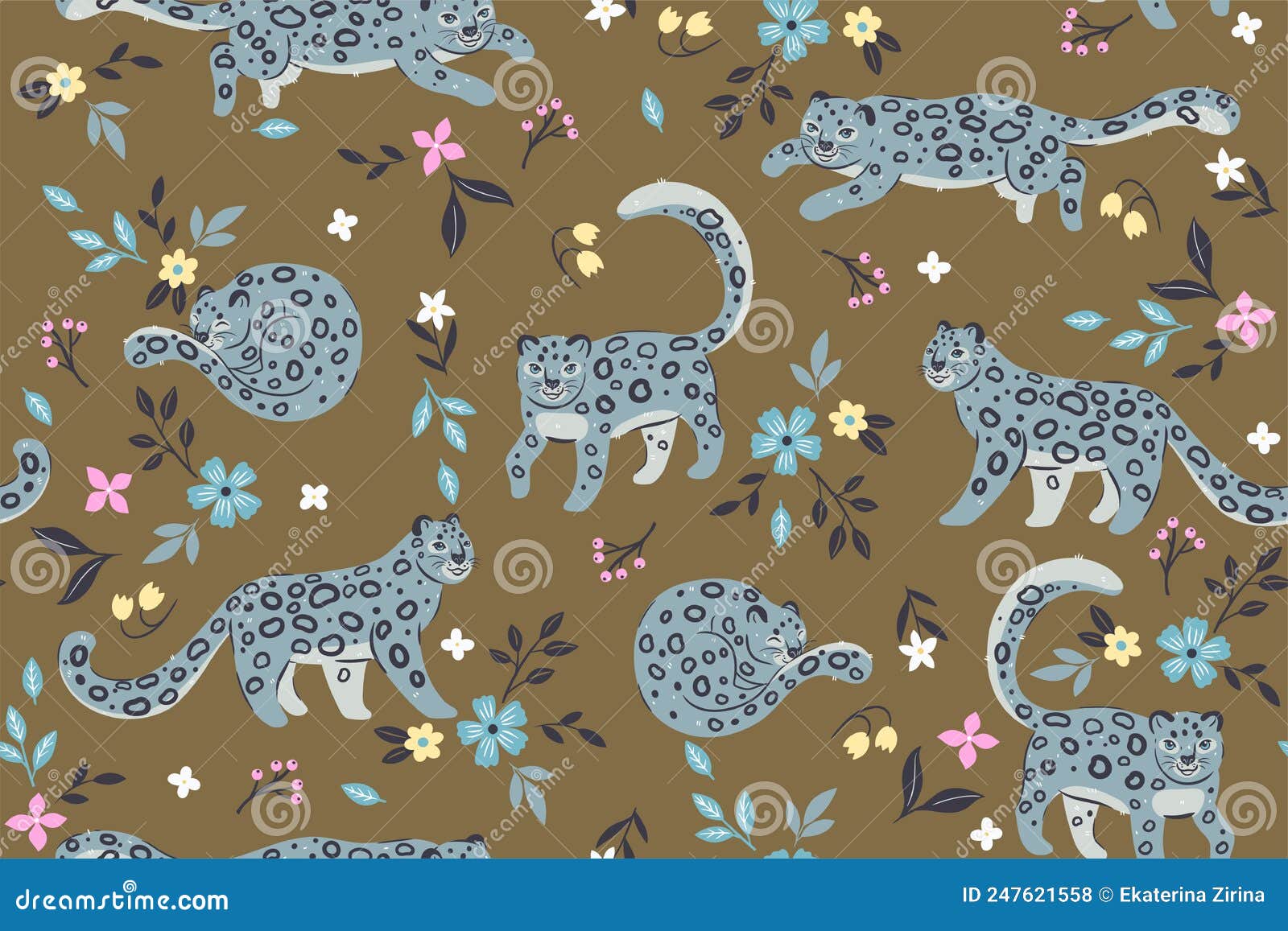 Seamless Pattern with Snow Leopards and Flowers. Vector Graphics Stock ...