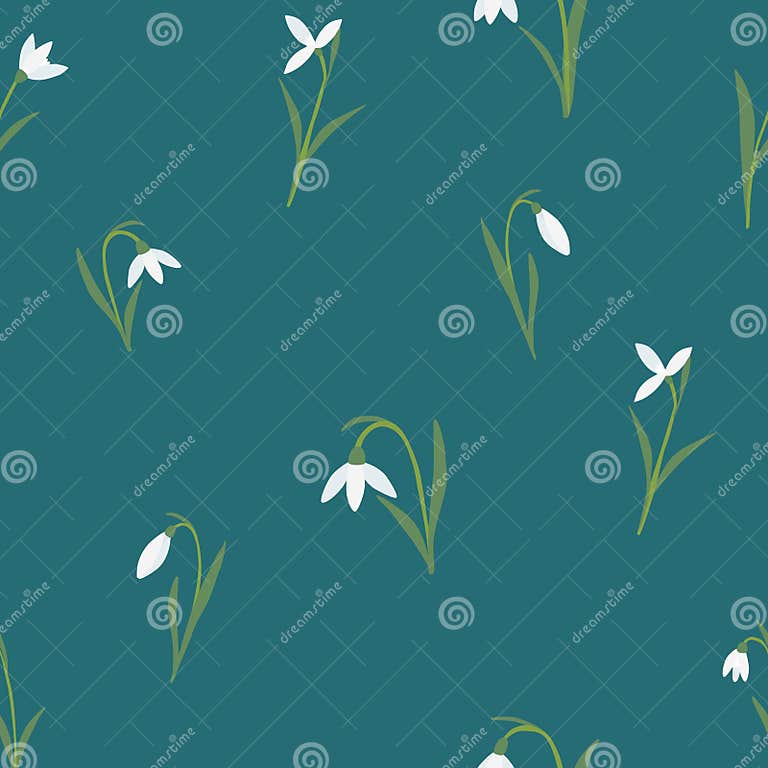 Seamless Pattern with Snowdrops Spring Flowers on Green Background ...