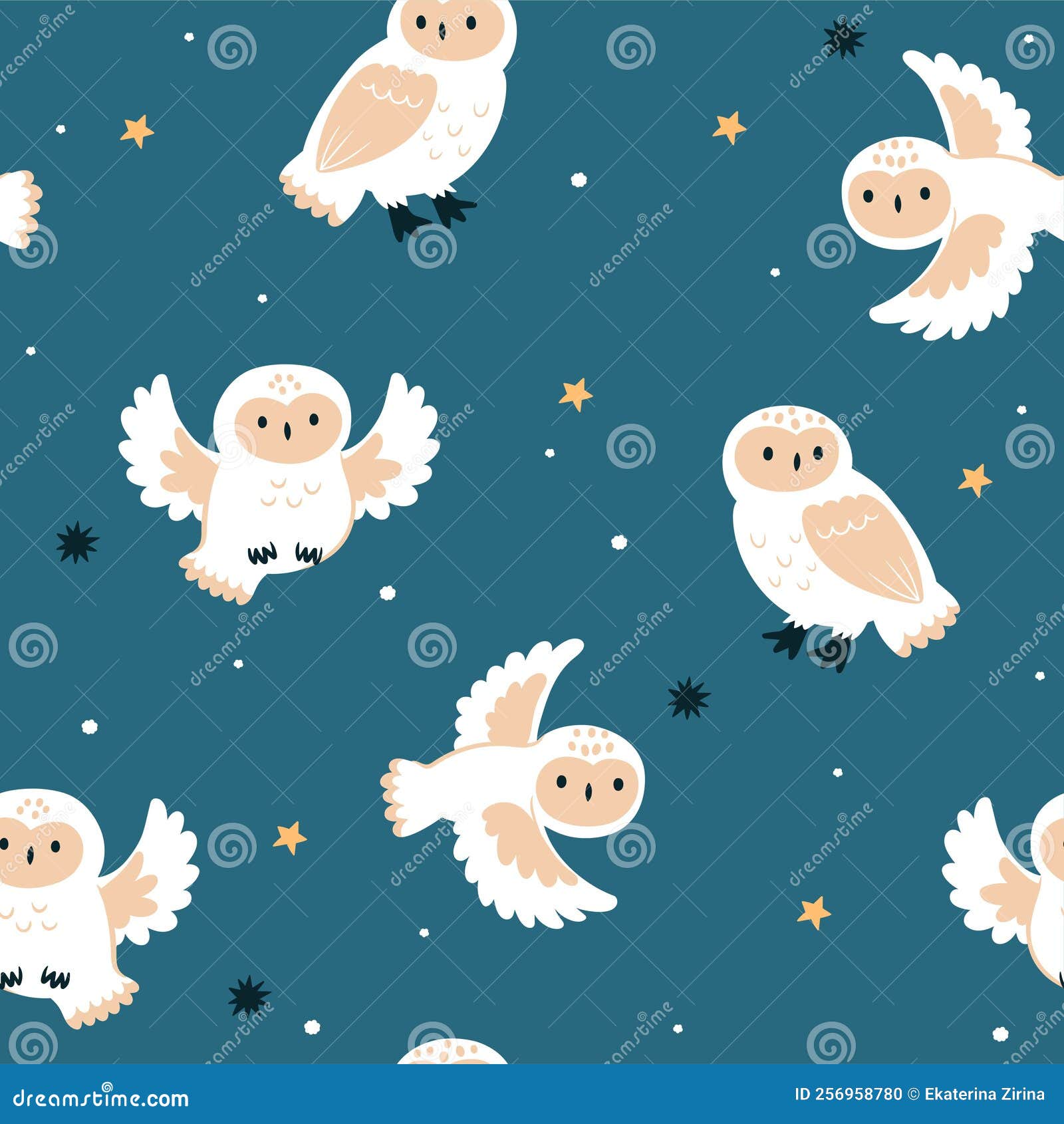 Seamless Pattern with Snowy Owls and Stars. Vector Graphics Stock ...