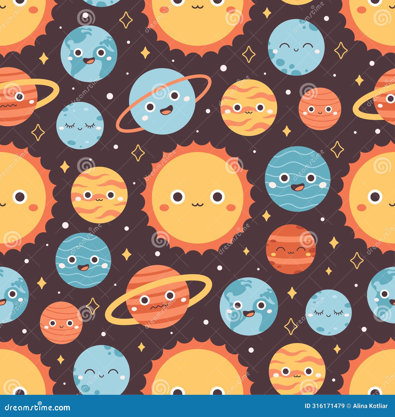 Seamless Pattern with Solar System and Space. Trendy Groovy Cartoon ...