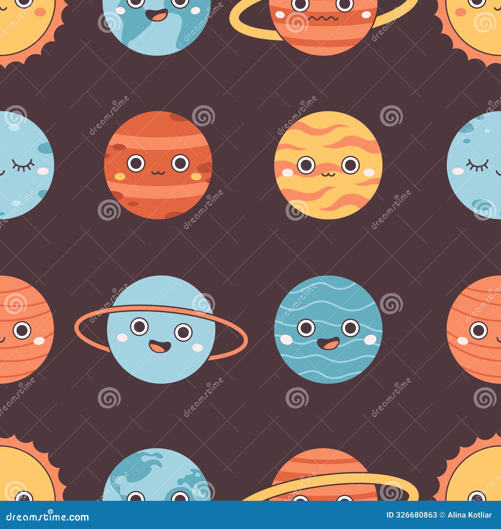 Seamless Pattern with Solar System and Space. Trendy Groovy Cartoon ...