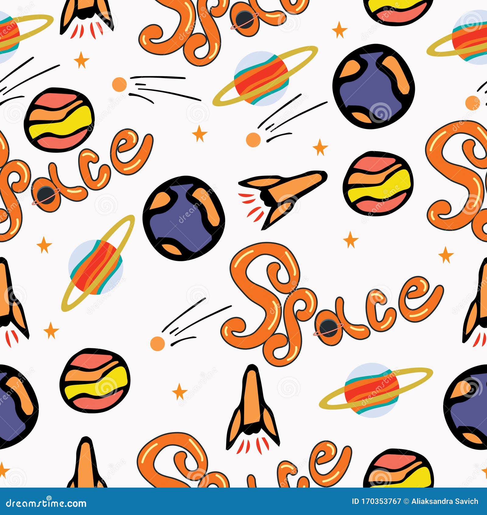 Seamless Pattern on a Space Theme with the Word Space, Planets, Cameo ...
