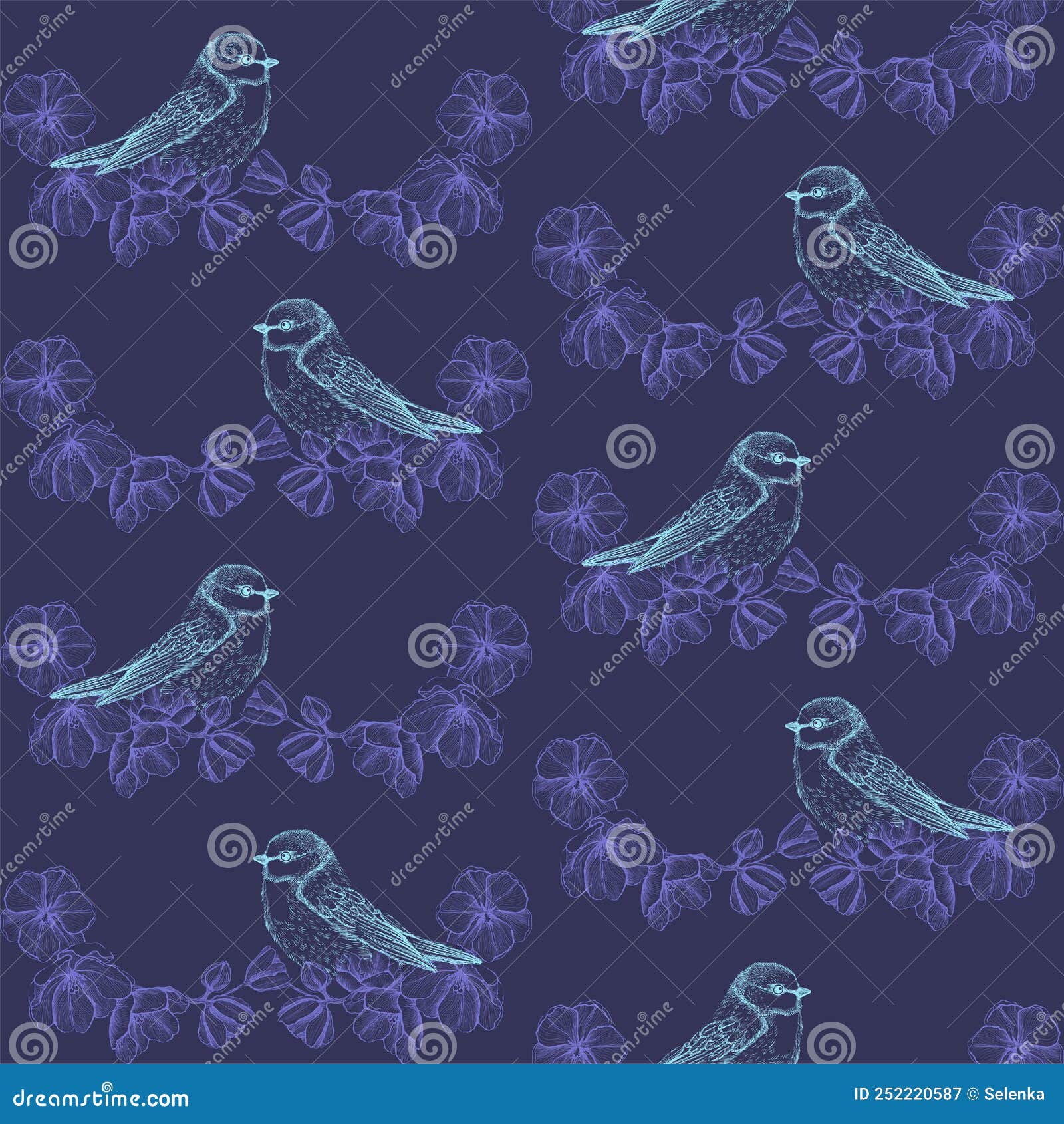 Seamless Pattern with Sparrow Birds Sitting on Blossom Tree Branches ...