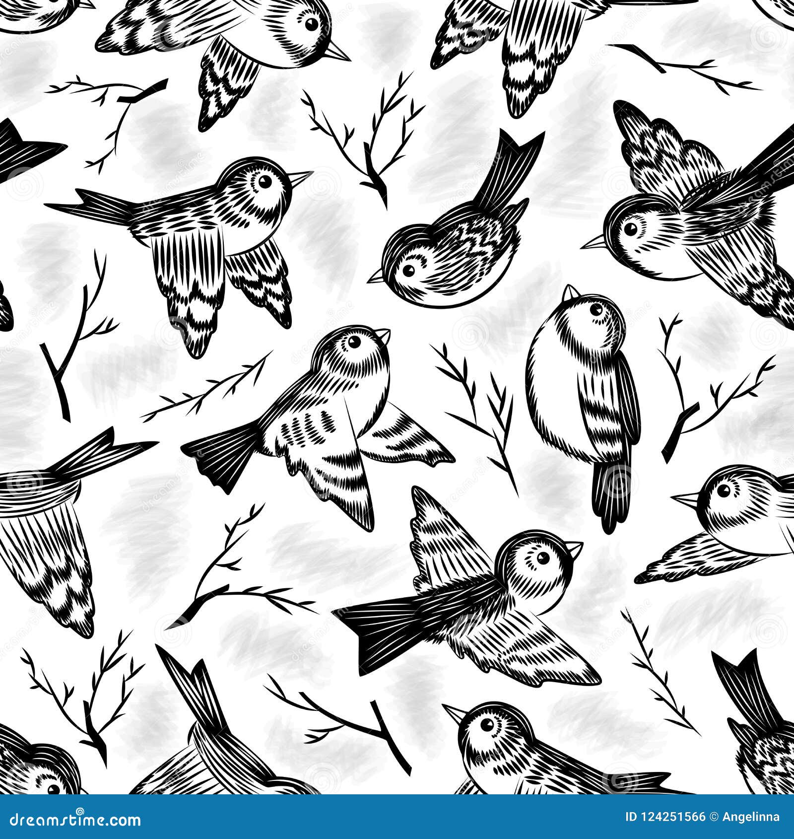 Seamless Pattern with Sparrows and Twigs Stock Vector - Illustration of ...
