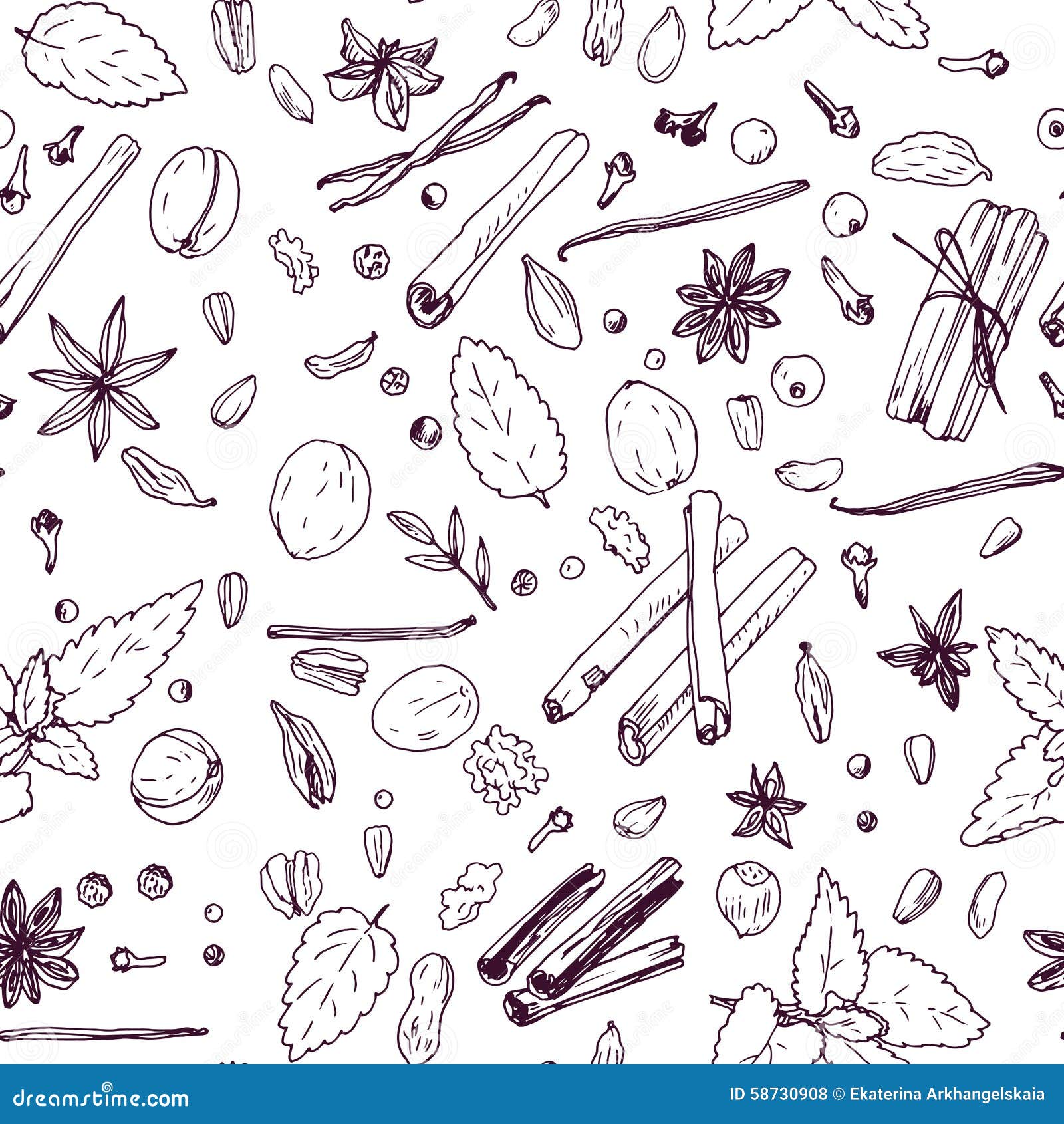 Seamless Pattern with Spices Stock Vector - Illustration of leaf, drawn ...