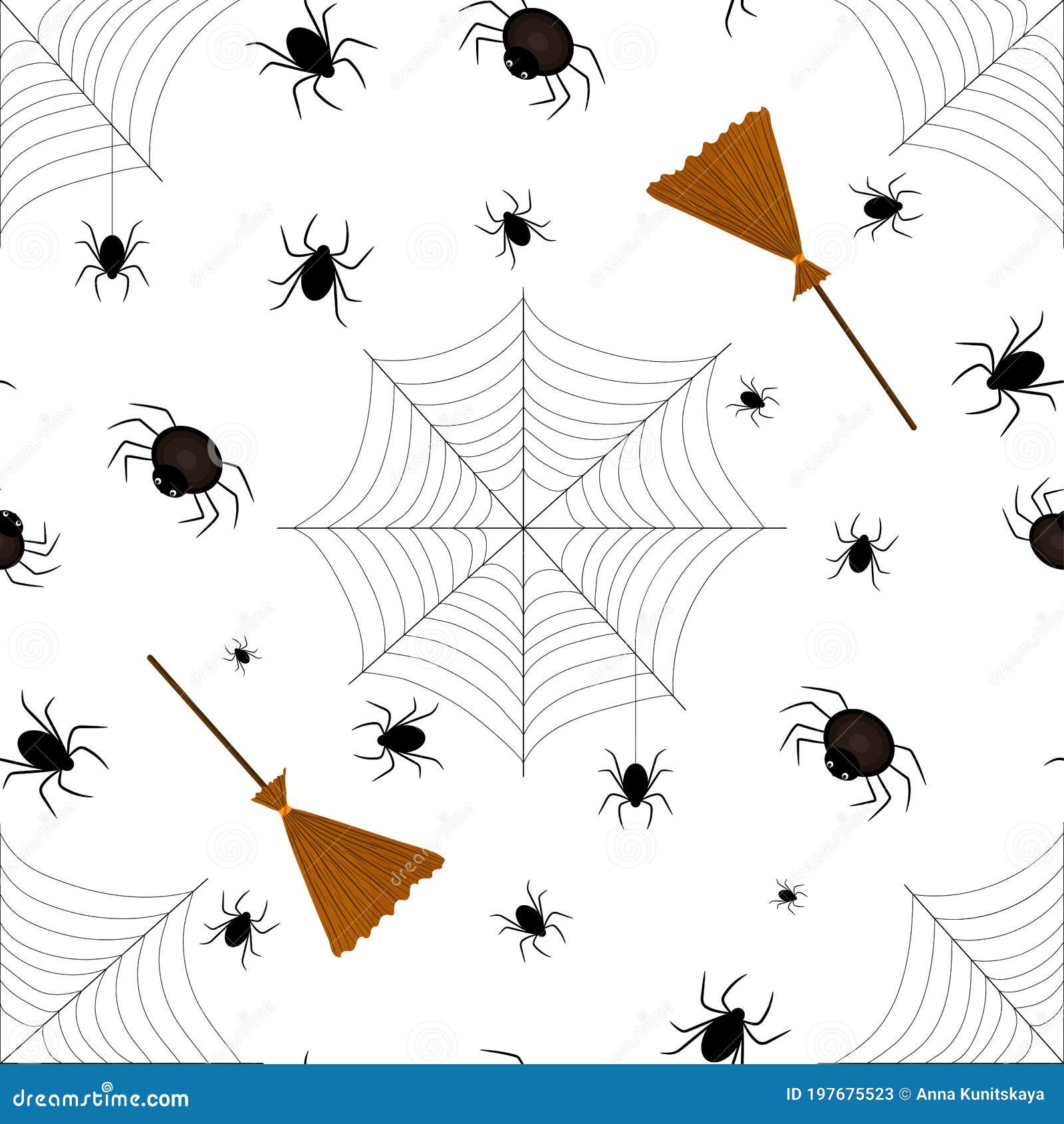 Seamless Pattern with Spiders and Brooms on White Background Stock ...