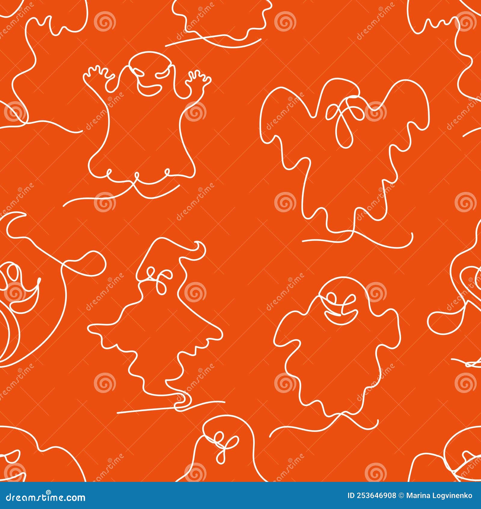 Seamless Pattern with Spooky Ghosts. Continuous One Line Drawing Vector ...