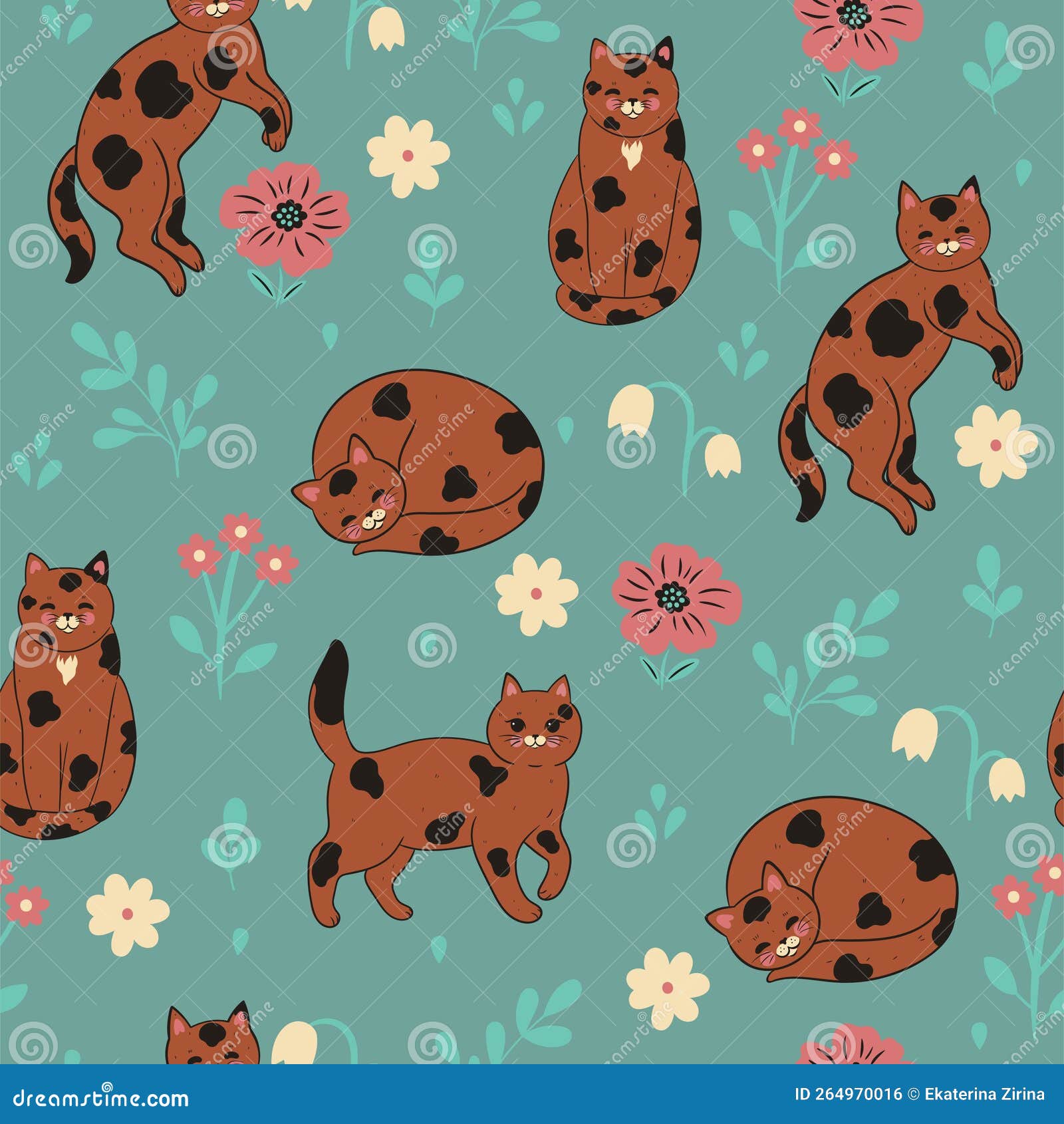 Seamless Pattern with Spotted Cats and Flowers. Vector Graphics Stock ...