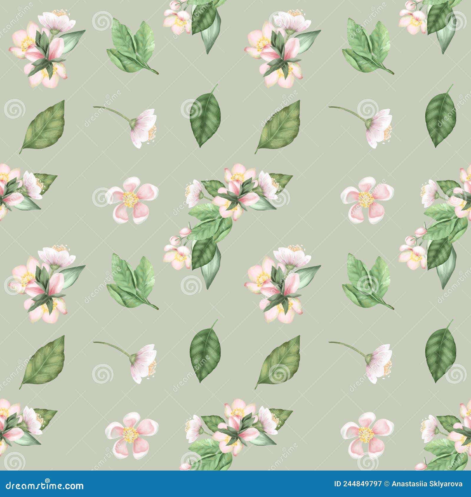 Seamless Pattern of Spring Apple Tree Flowers and Leaves Stock ...