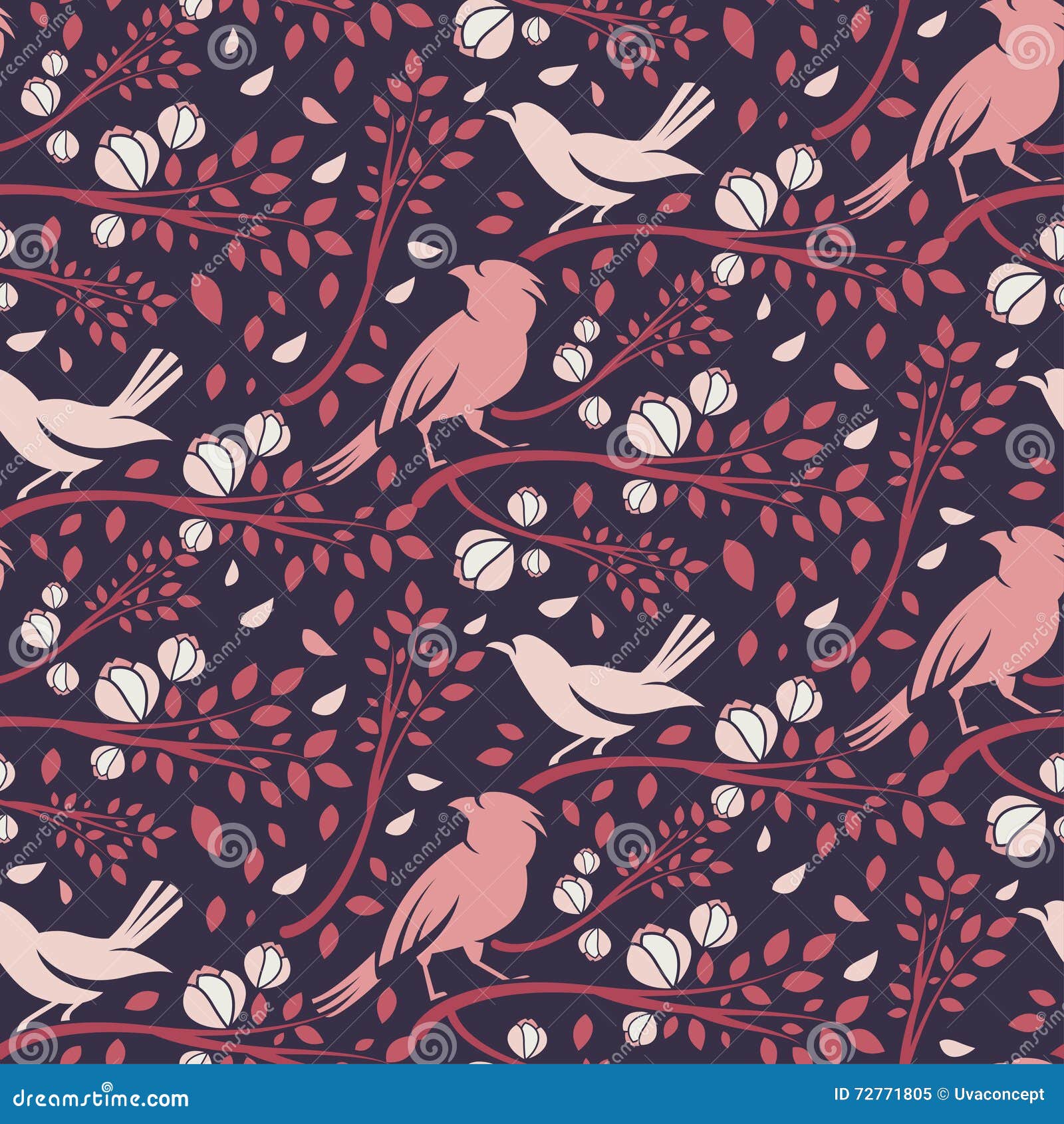 Seamless Pattern of Spring Birds in Branches Leaves and Flo Stock Vector - Illustration of ...