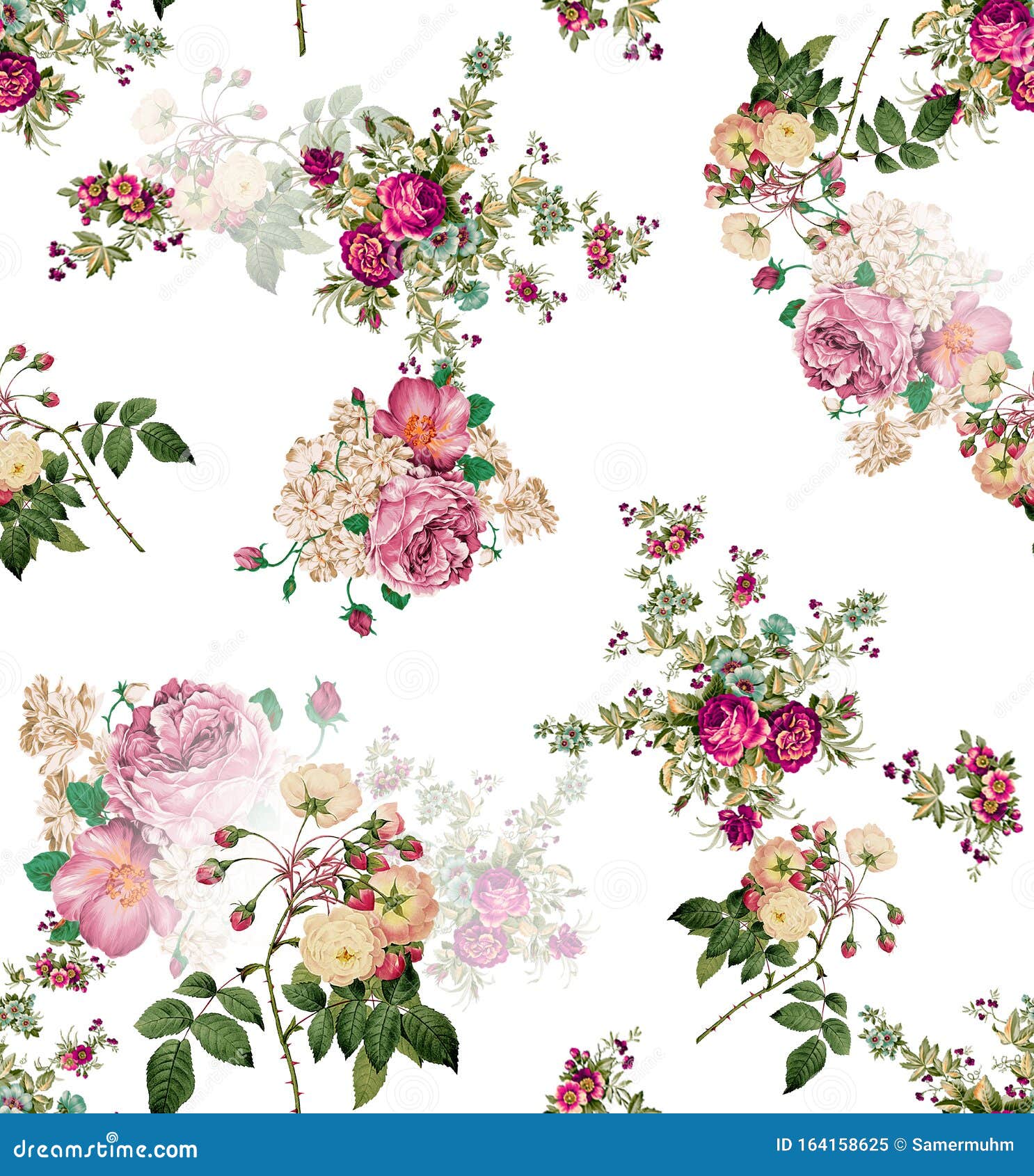 Seamless Pattern with Spring Flowers and Leaves. Hand Drawn Background ...