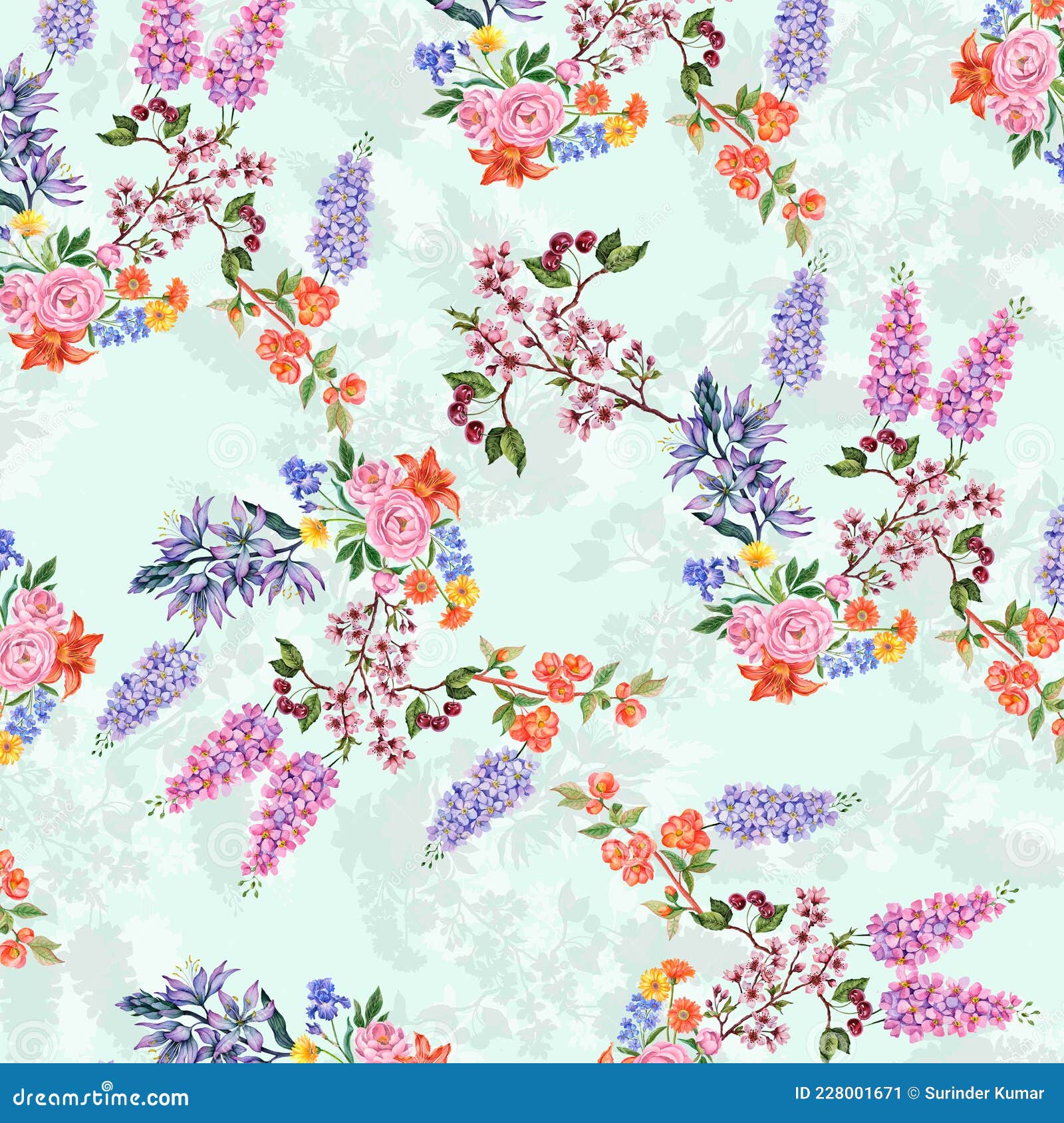 Seamless Pattern with Spring Flowers and Leaves. Stock Illustration ...