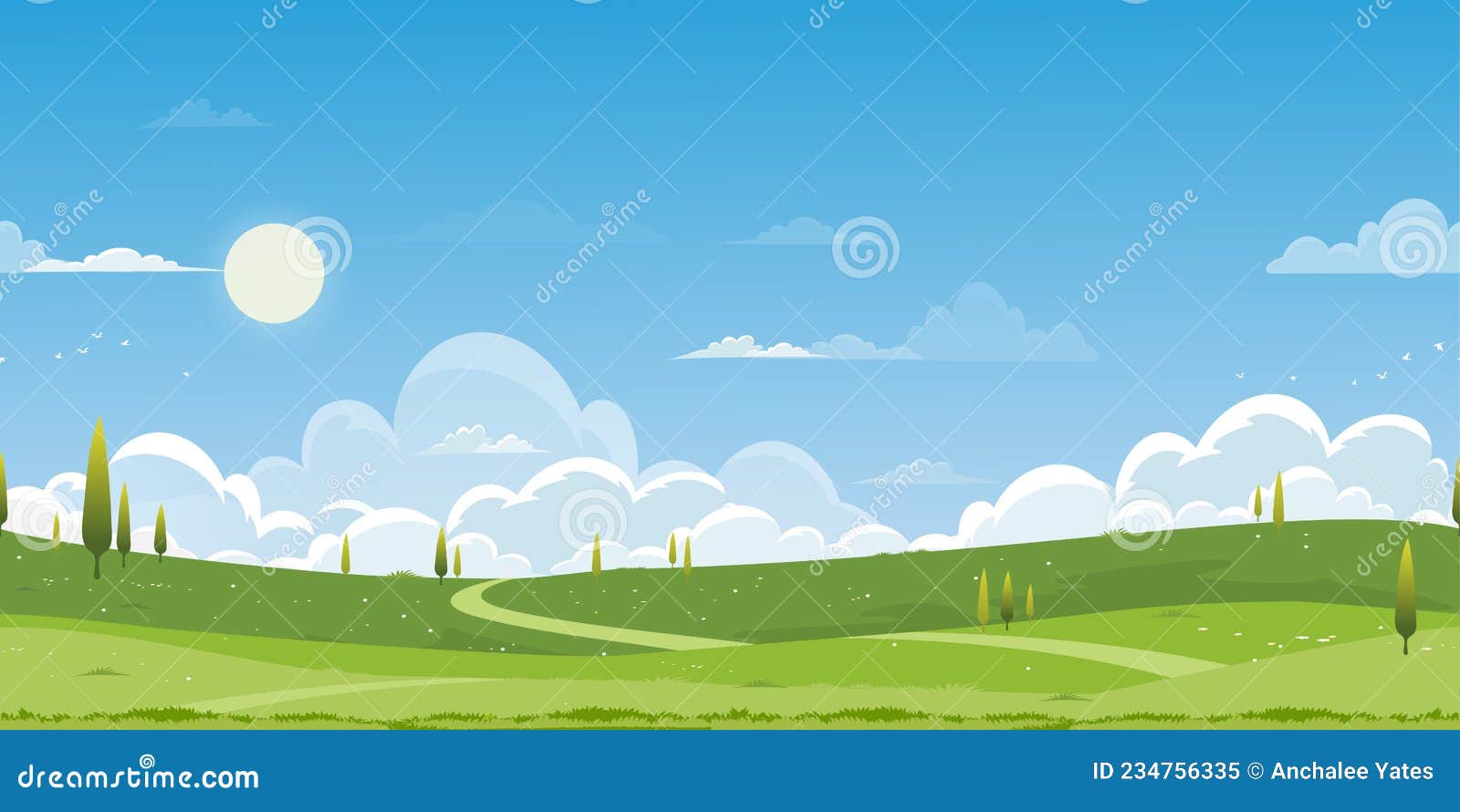 Seamless Pattern Spring Green Fields Landscape with Mountain,blue Sky ...