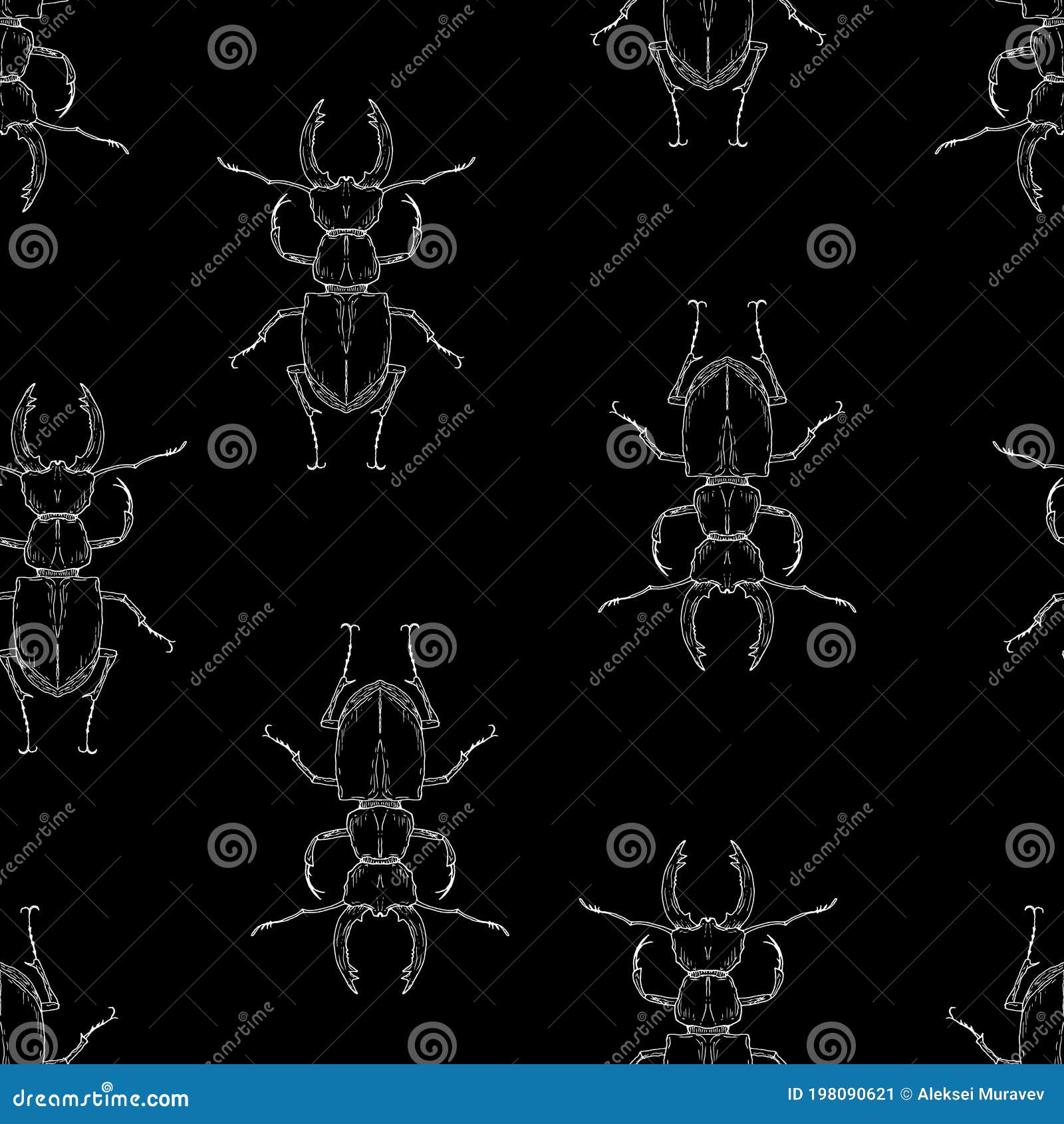 Seamless Pattern of Stag Beetles. Vector Background. Hand-drawn Style ...
