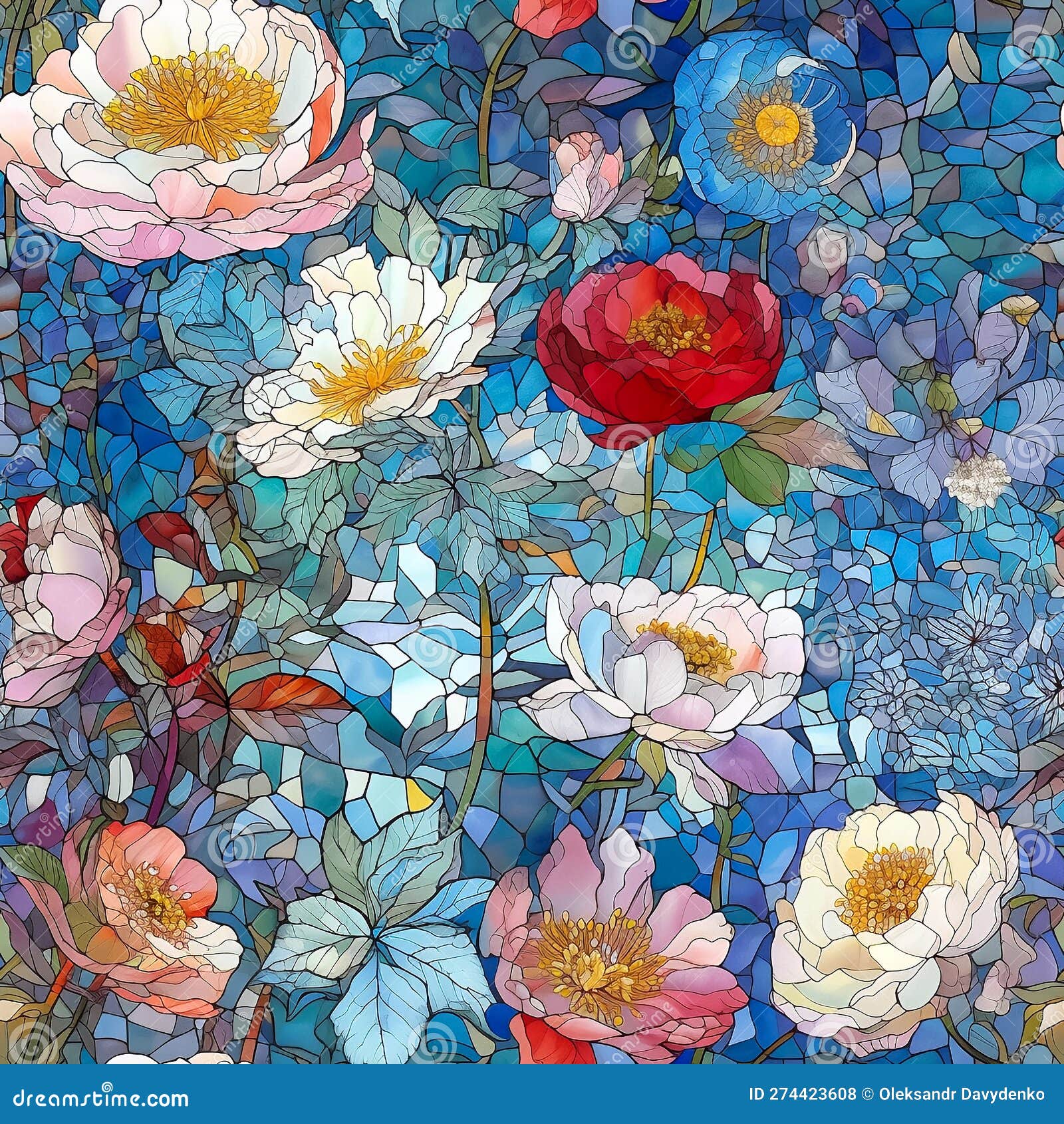 Seamless Pattern with Stained-glass Mosaic Flowers on Blue Background ...