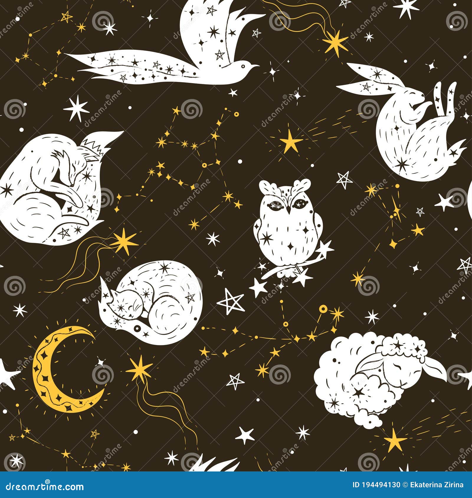 Seamless Pattern with Stars and Animals. Vector Graphics Stock ...