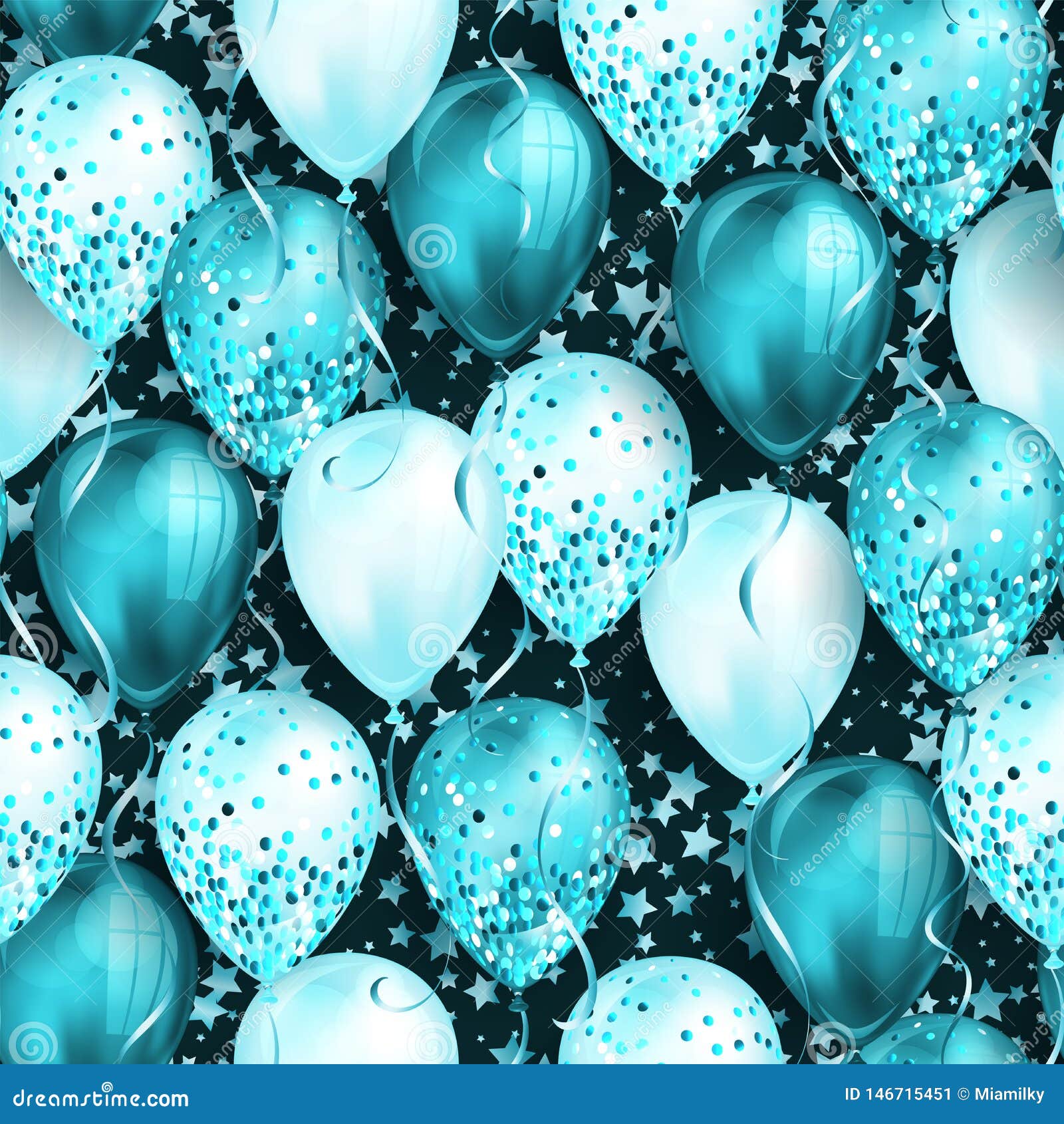 Seamless Pattern With Stars And Shiny Blue Realistic 3d Helium Balloons