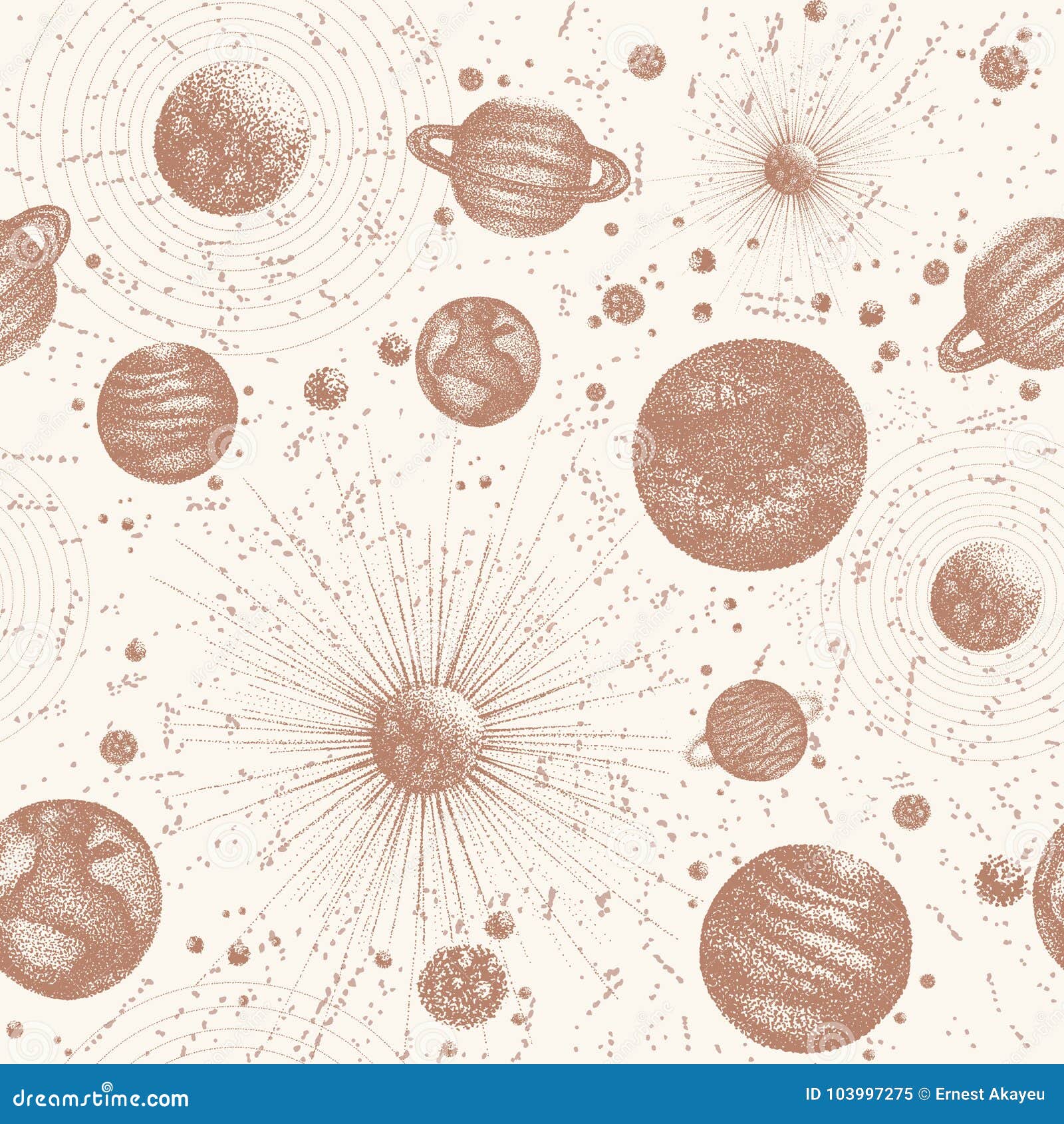 Seamless Pattern with Stars Surrounded by Celestial Bodies in Outer Space. Backdrop with Planets ...
