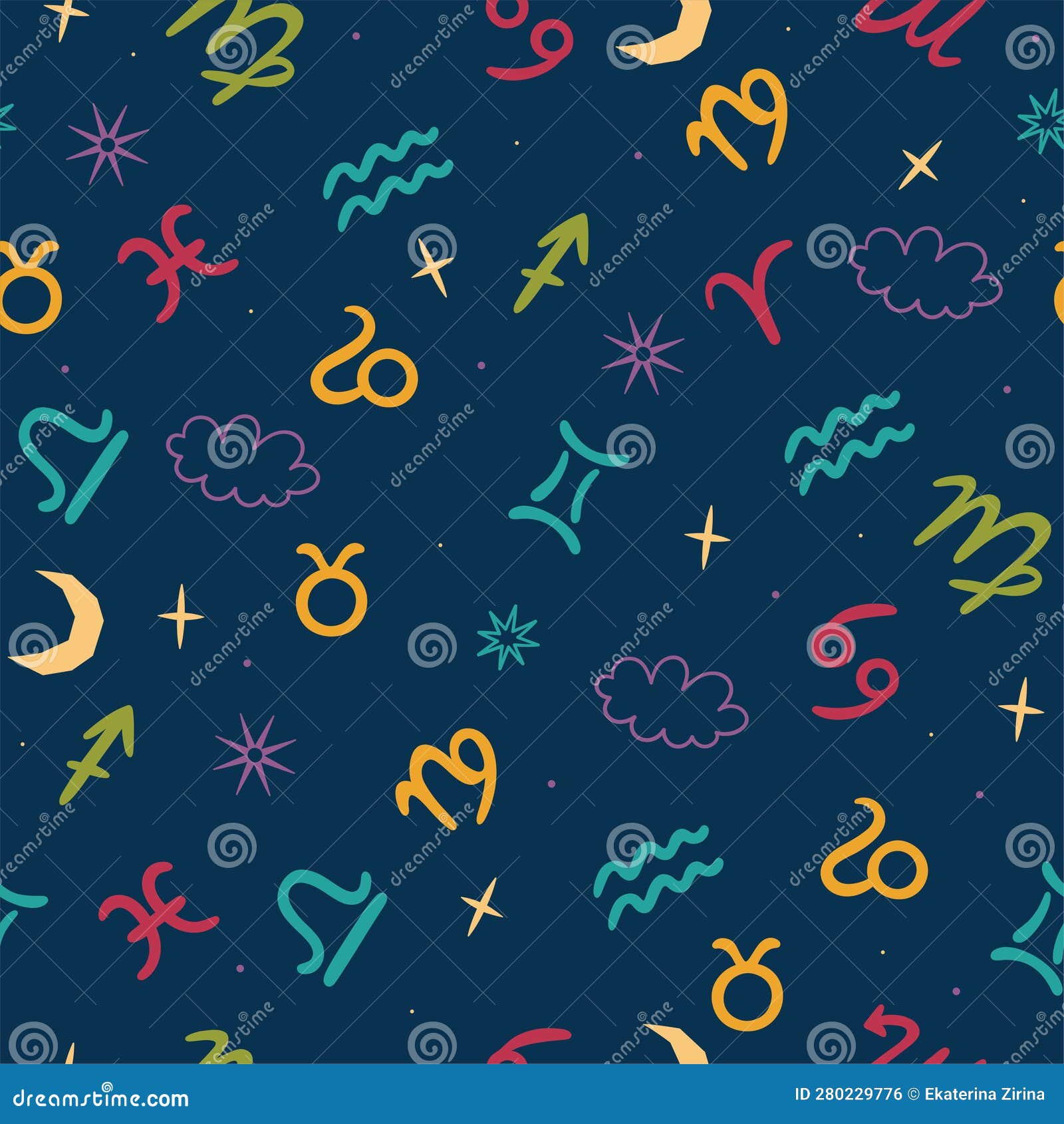 Seamless Pattern With Stars And Zodiac Signs Vector Graphics Stock