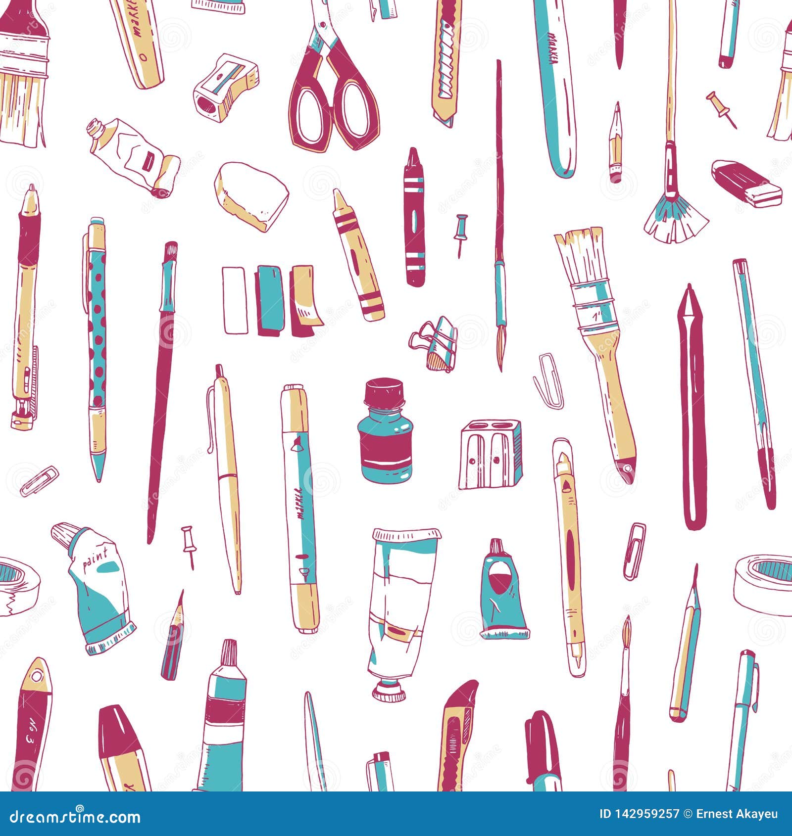 Seamless Pattern with Stationery, Drawing Utensils, Creativity Tools or ...