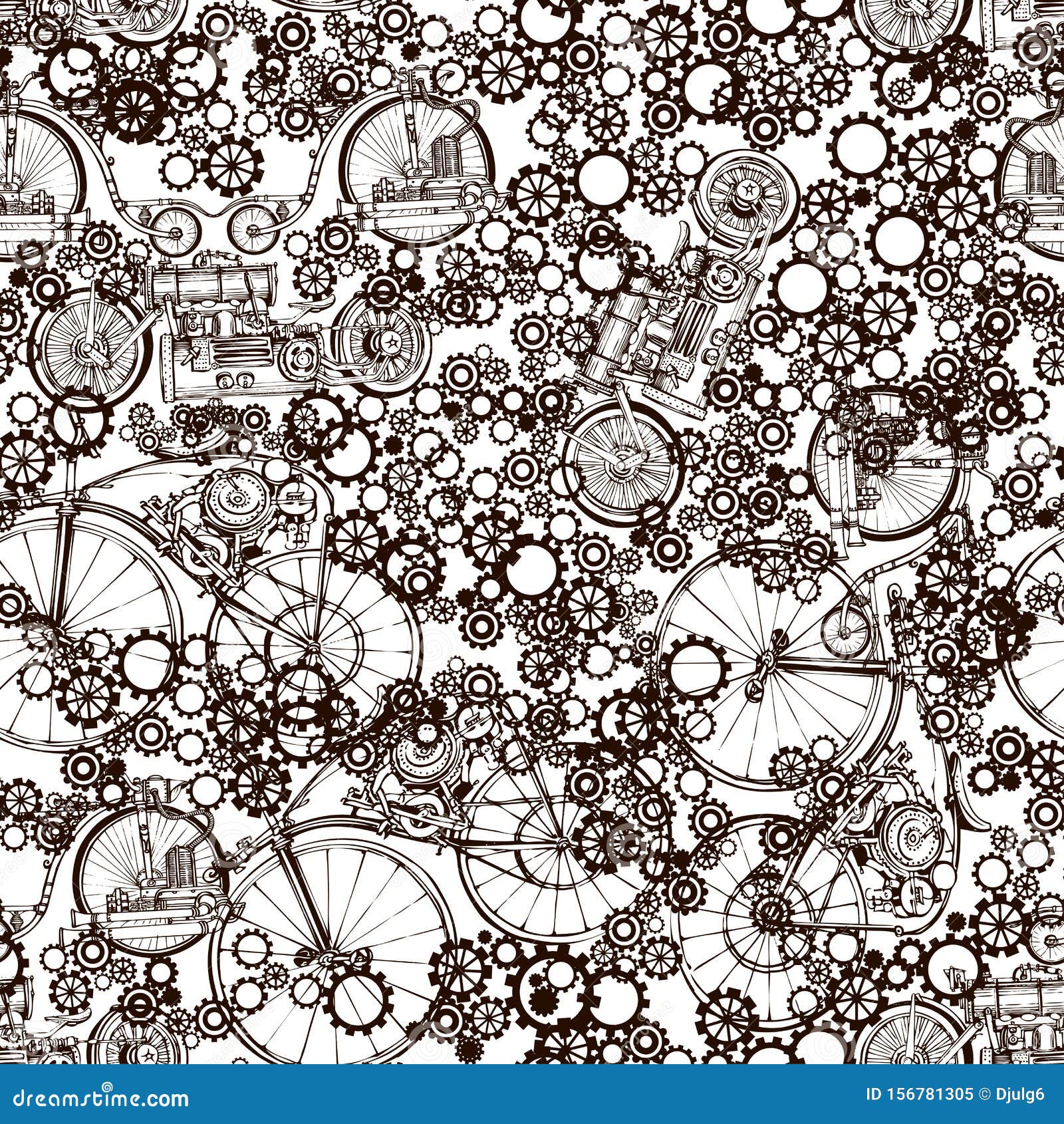 Seamless Pattern Steampunk with Old Bikes and Gears. Template Steampunk ...