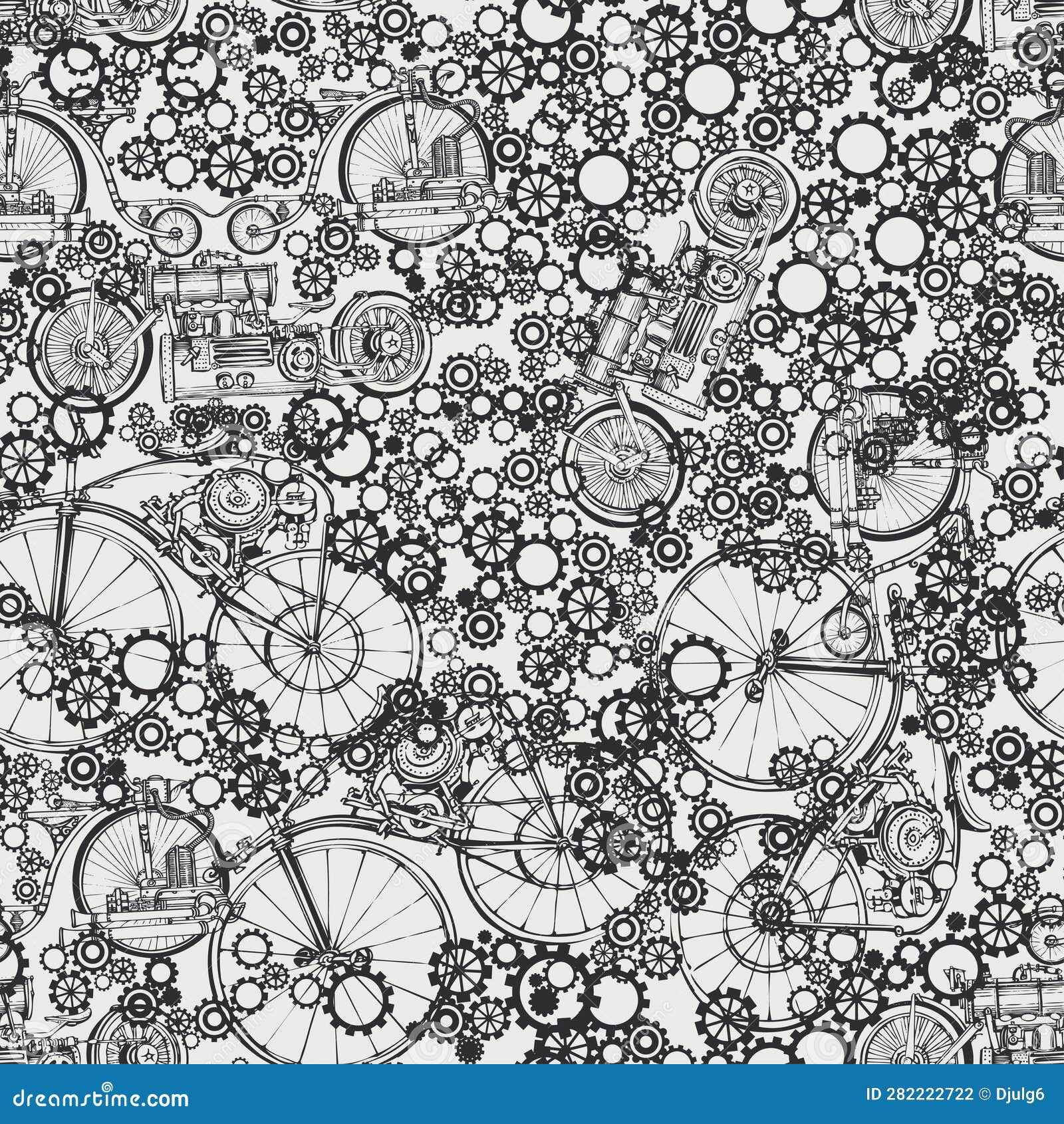 Seamless Pattern Steampunk with Old Bikes and Gears. Template Steampunk ...