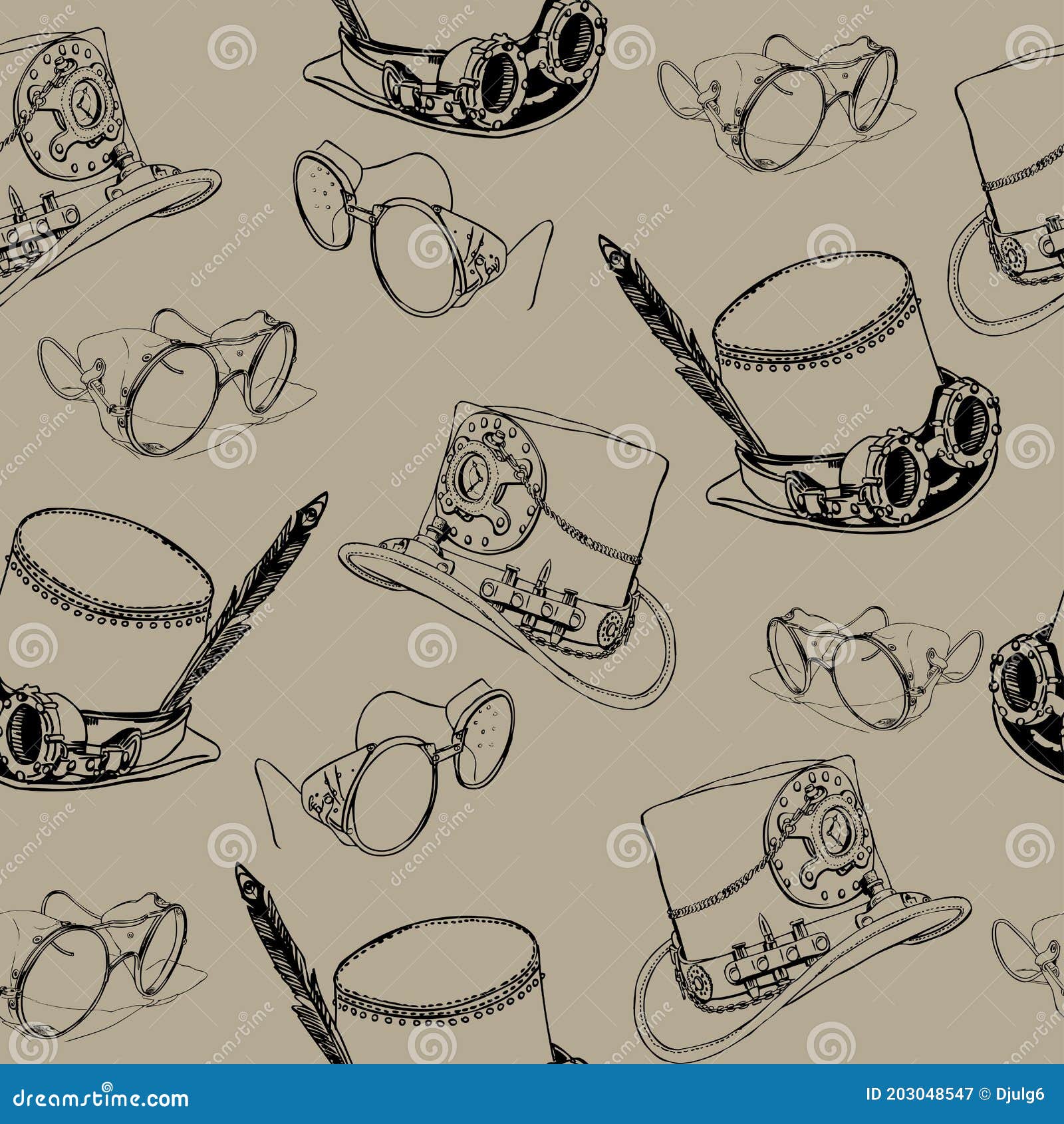 Seamless Pattern Steampunk with Steampunk Top Hat Cylinder and Brass ...