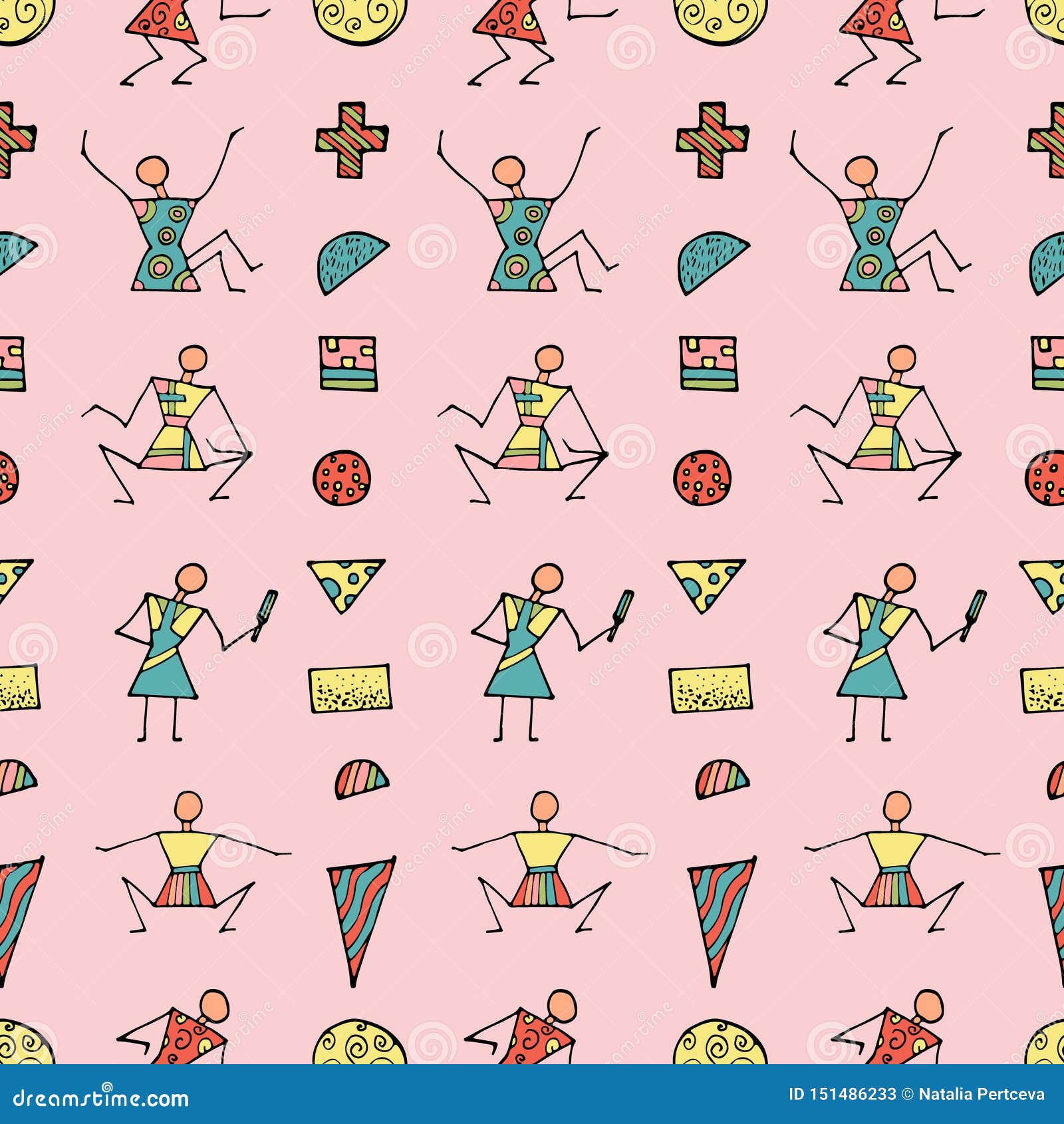Seamless Pattern of Stick Figures. Includes Small Geometric Elements ...