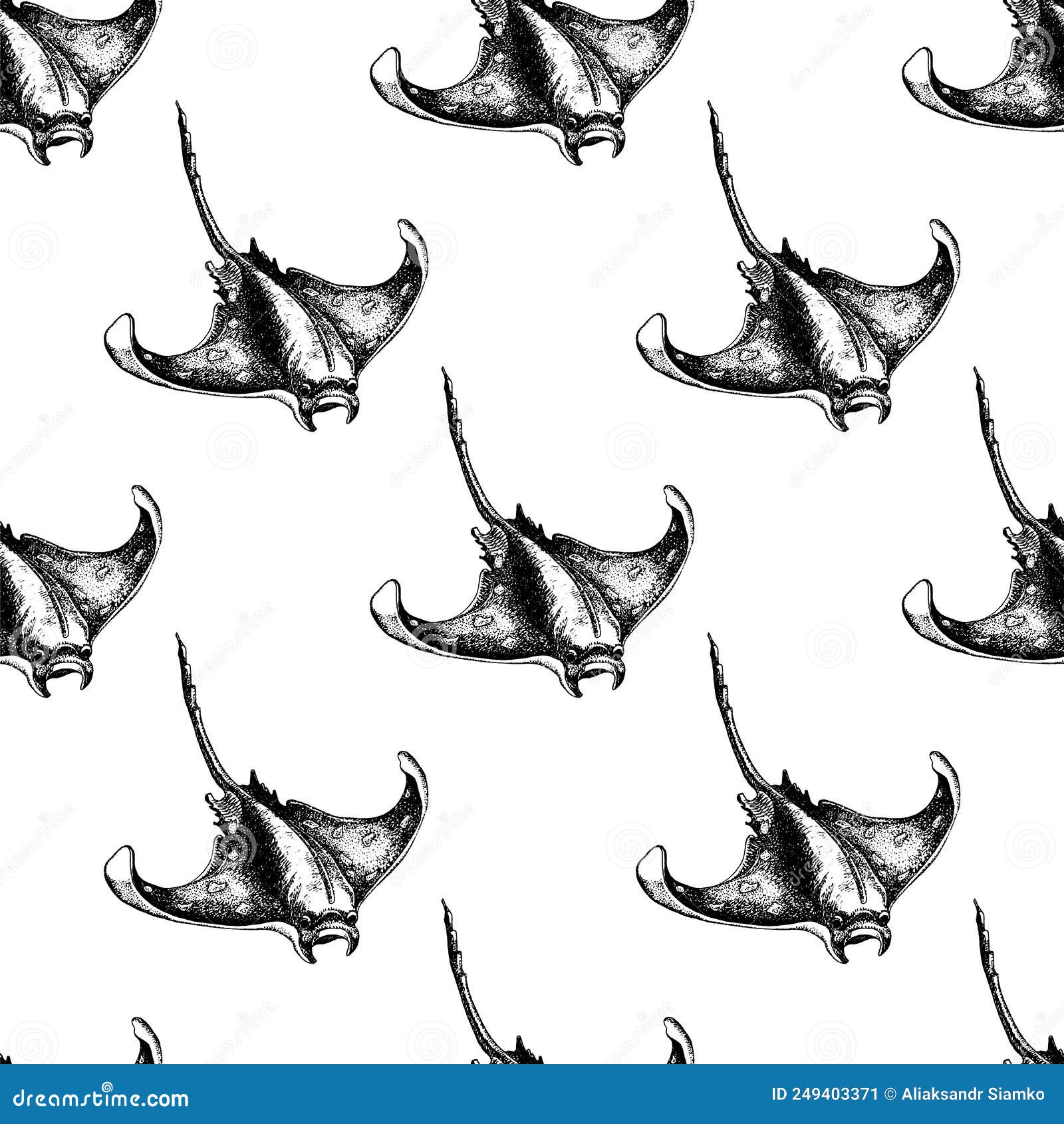 Seamless Pattern Stingray Hand-drawn Realistic. Oceans Nature in ...