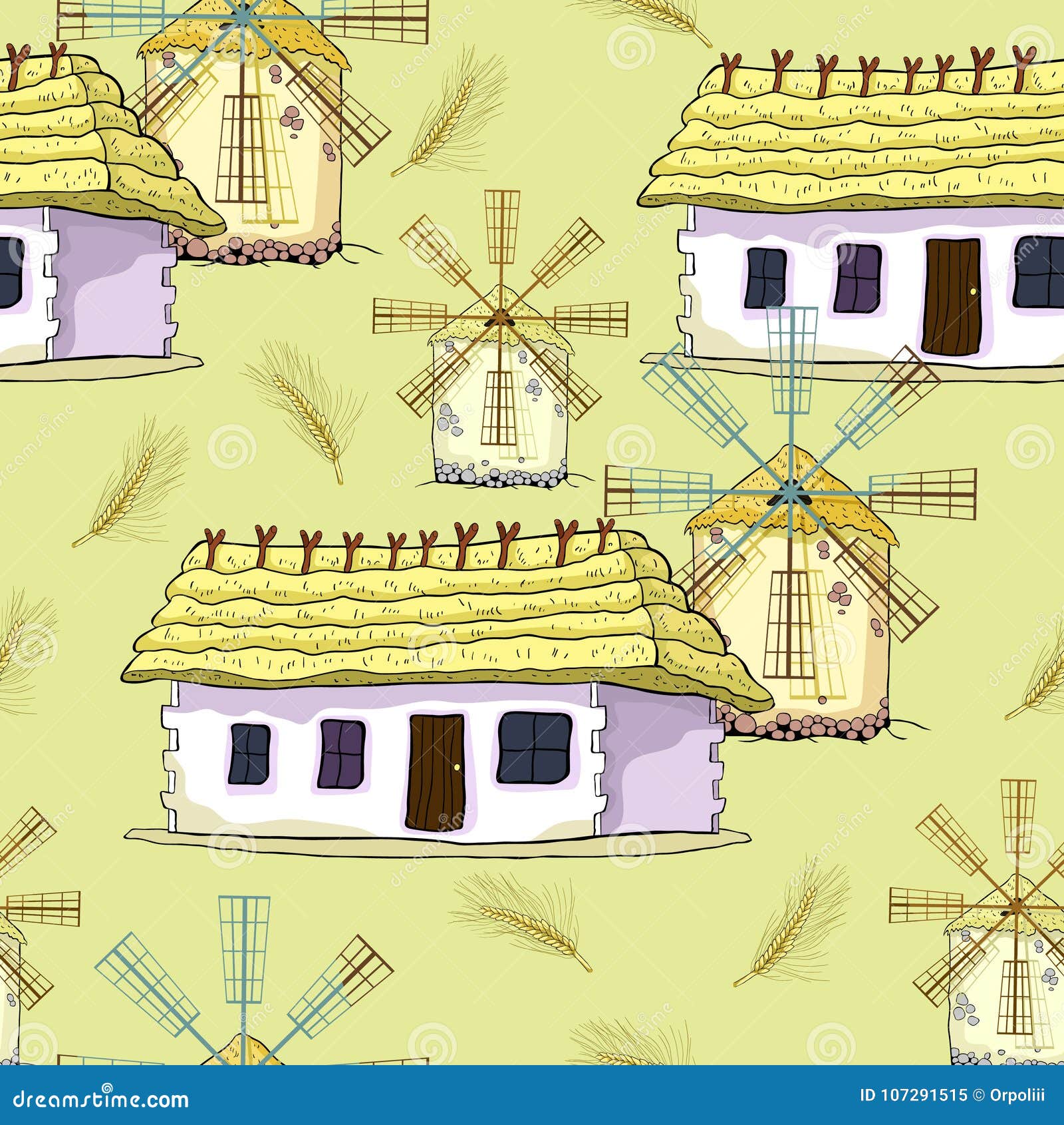 Seamless Pattern Stone Mill with Wheat House. Vector Illustration Stock ...