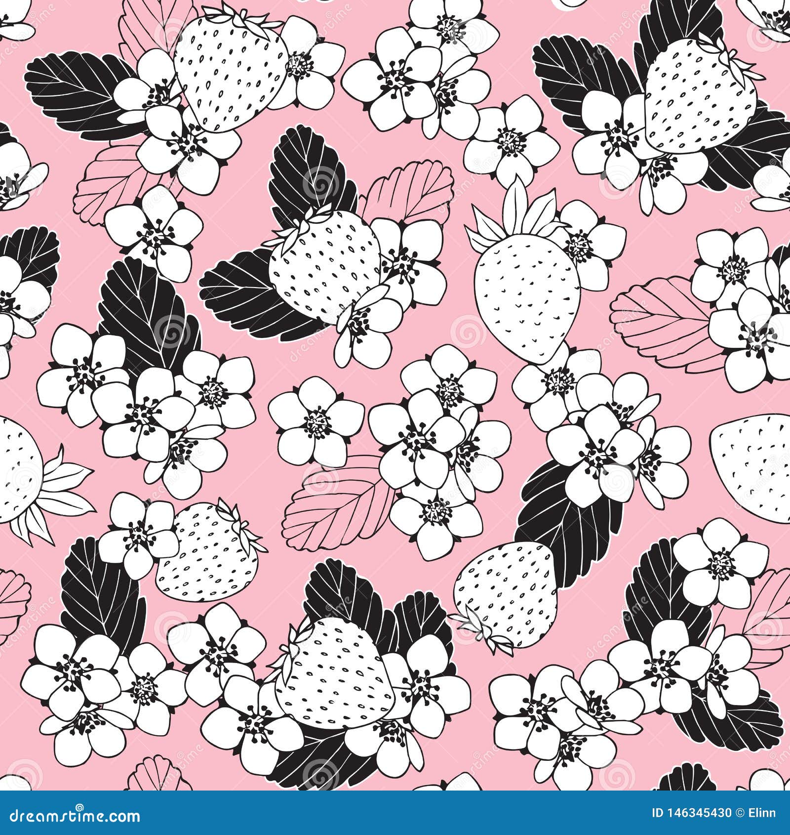 Seamless Pattern with Strawberries, Flowers and Leaves on Pink ...