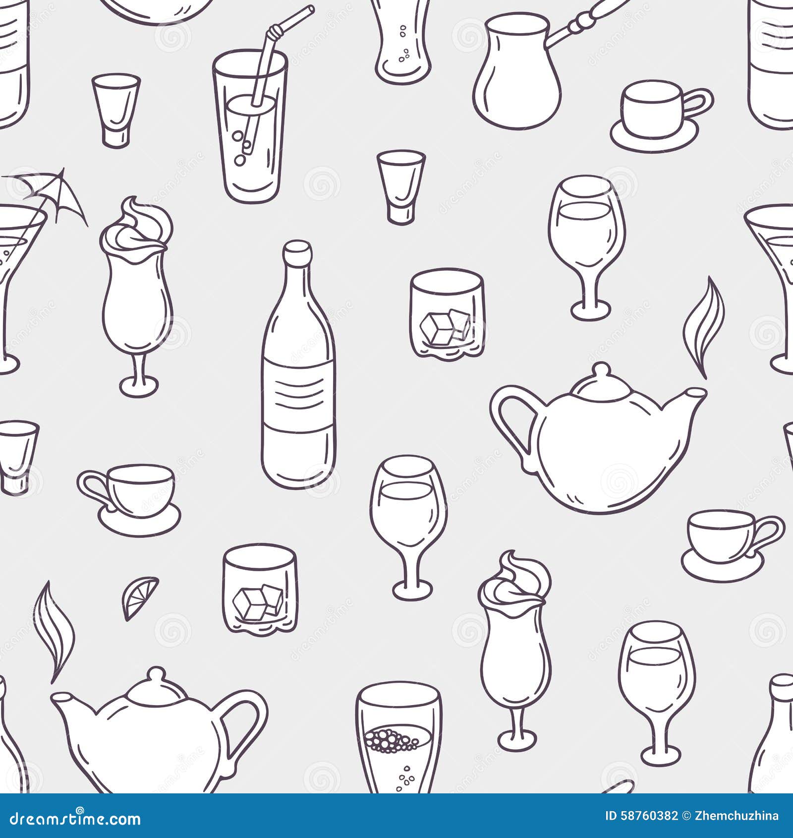 Seamless Pattern with Stylized Doodle Drinks in Stock Vector ...