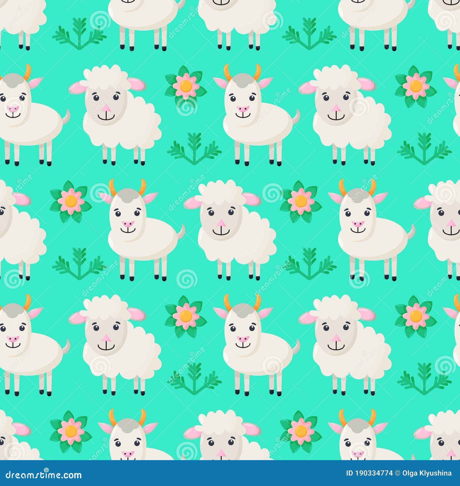 Seamless Pattern with Stylized Farm Animals and Flowers. Vector ...