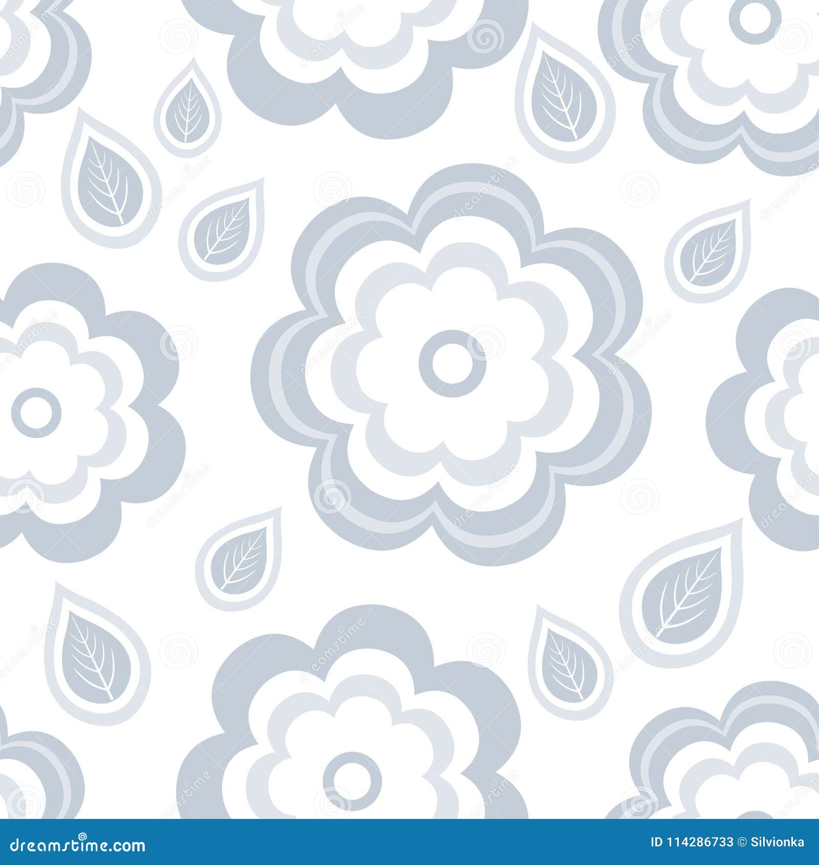 Seamless Pattern with Stylized Grey Flowers and Leaves Stock Vector ...