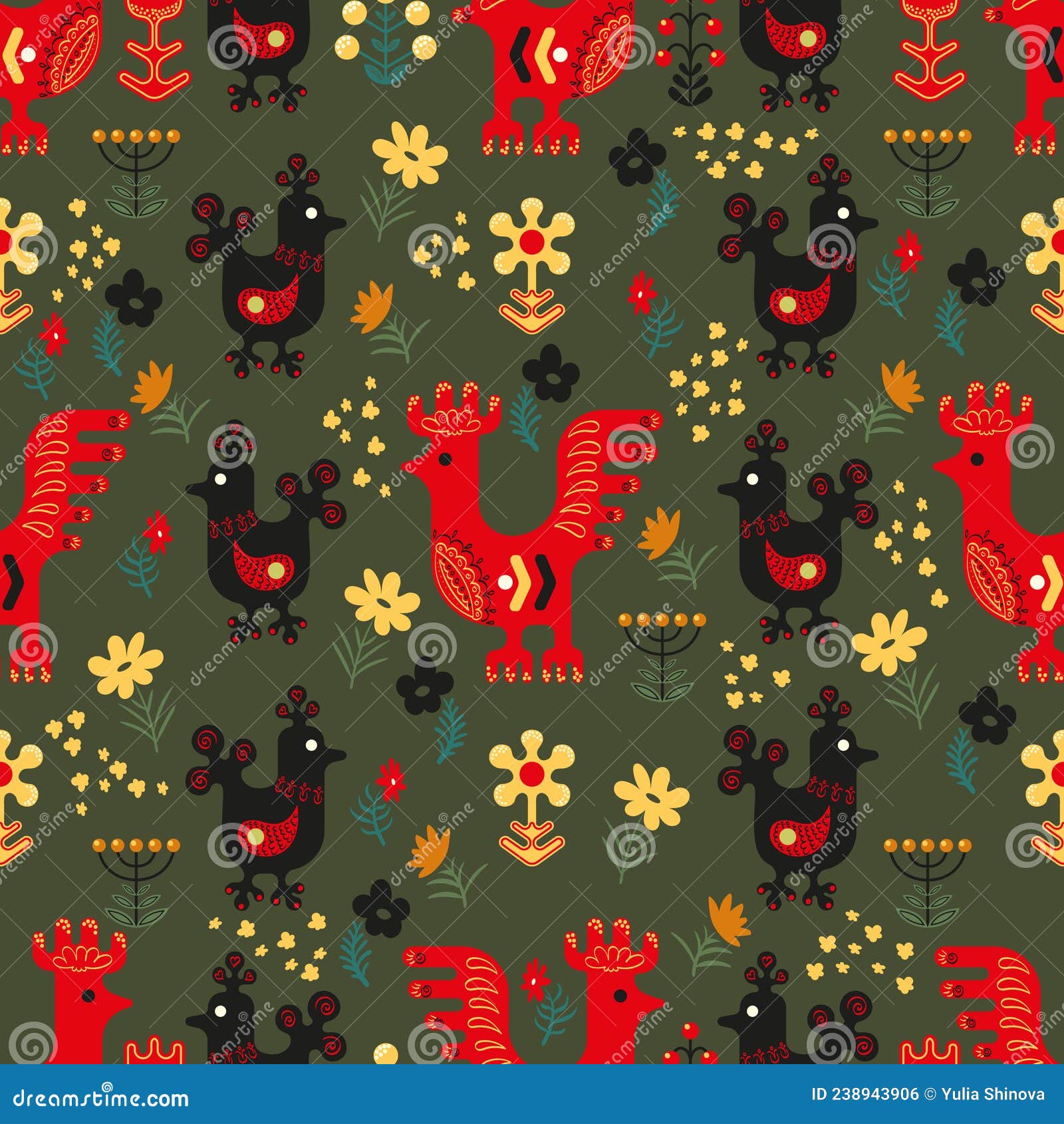 Seamless Pattern with Stylized Roosters and Flora Elements on a Dark ... Seamless Pattern with Stylized Roosters and Flora Elements on a Dark ...