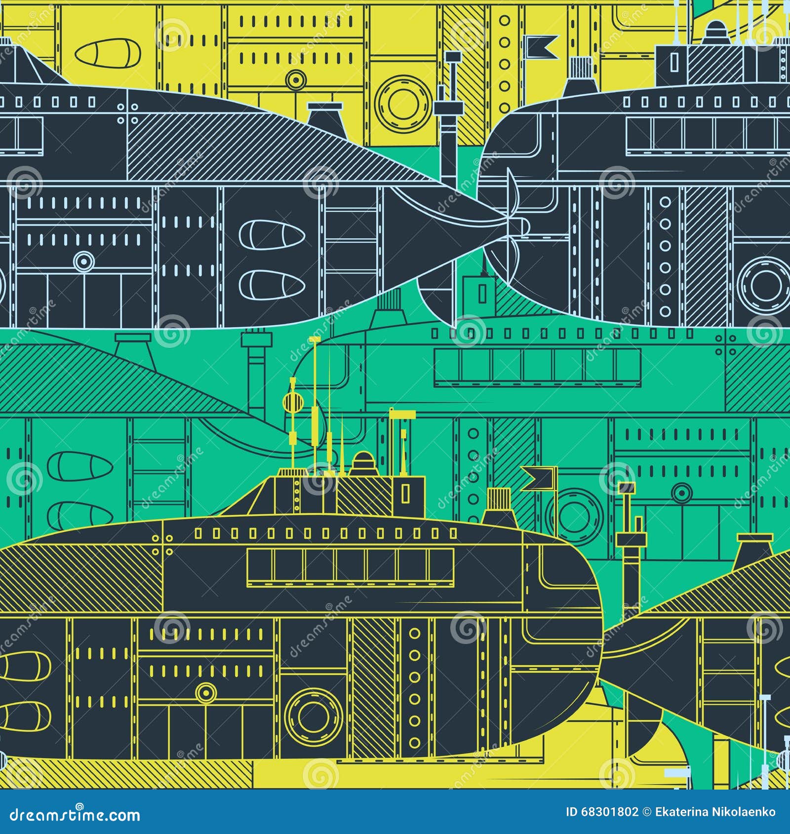 Seamless Pattern With Submarine. Retro Colorful Hand Drawn Vector ...