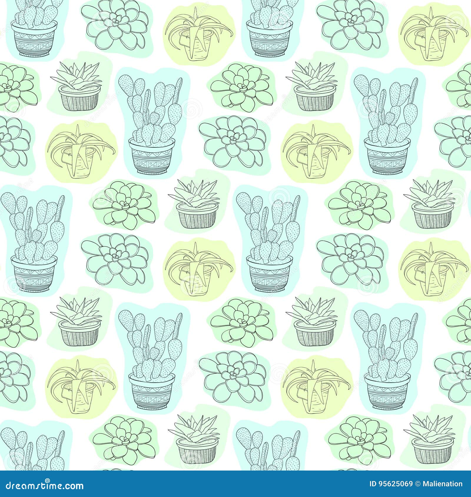 Seamless Pattern with Succulent Flowers in Pots. Vector Floral ...