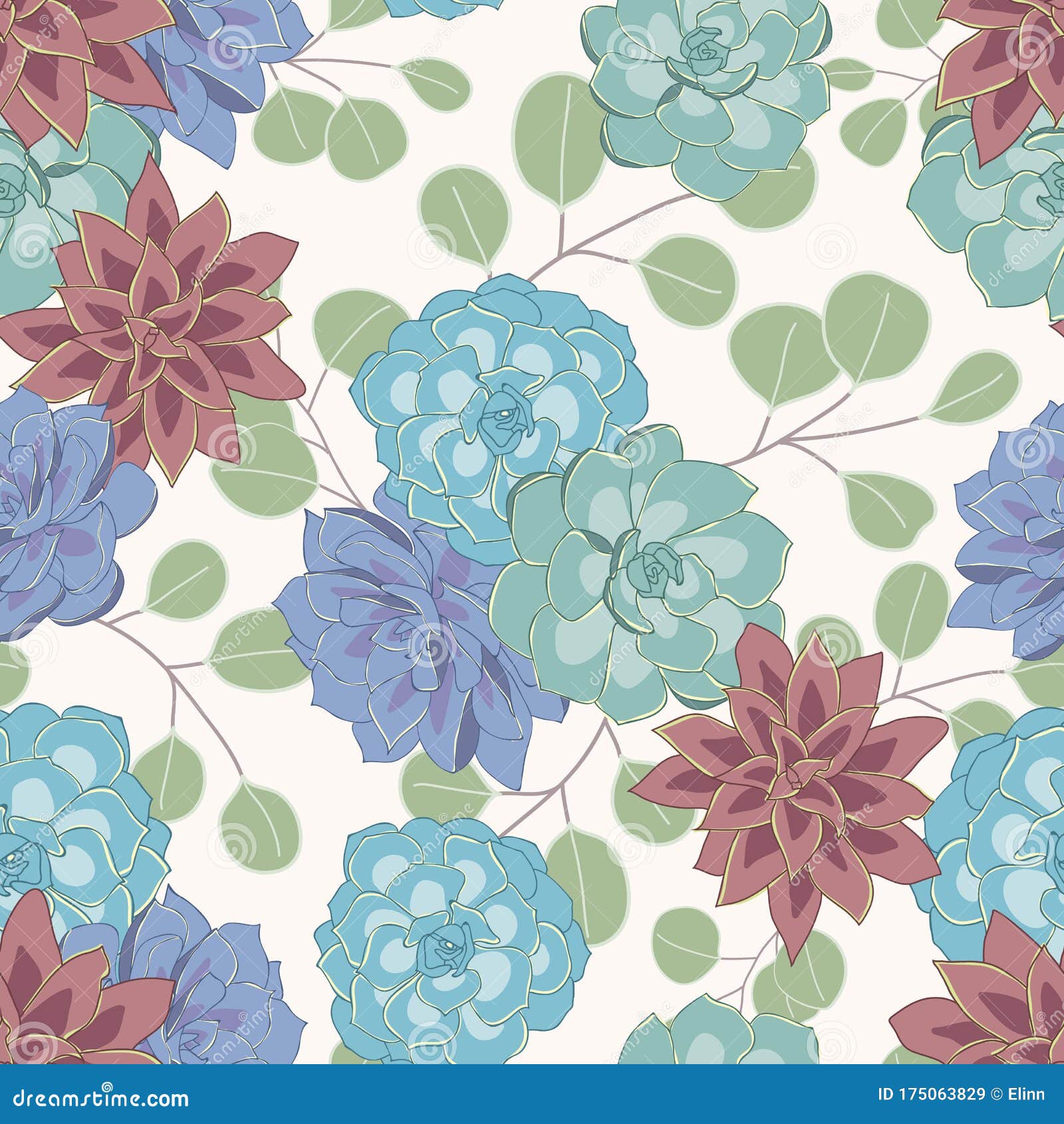 Seamless Pattern with Succulents and Eucalyptus Leaves Stock Vector ...