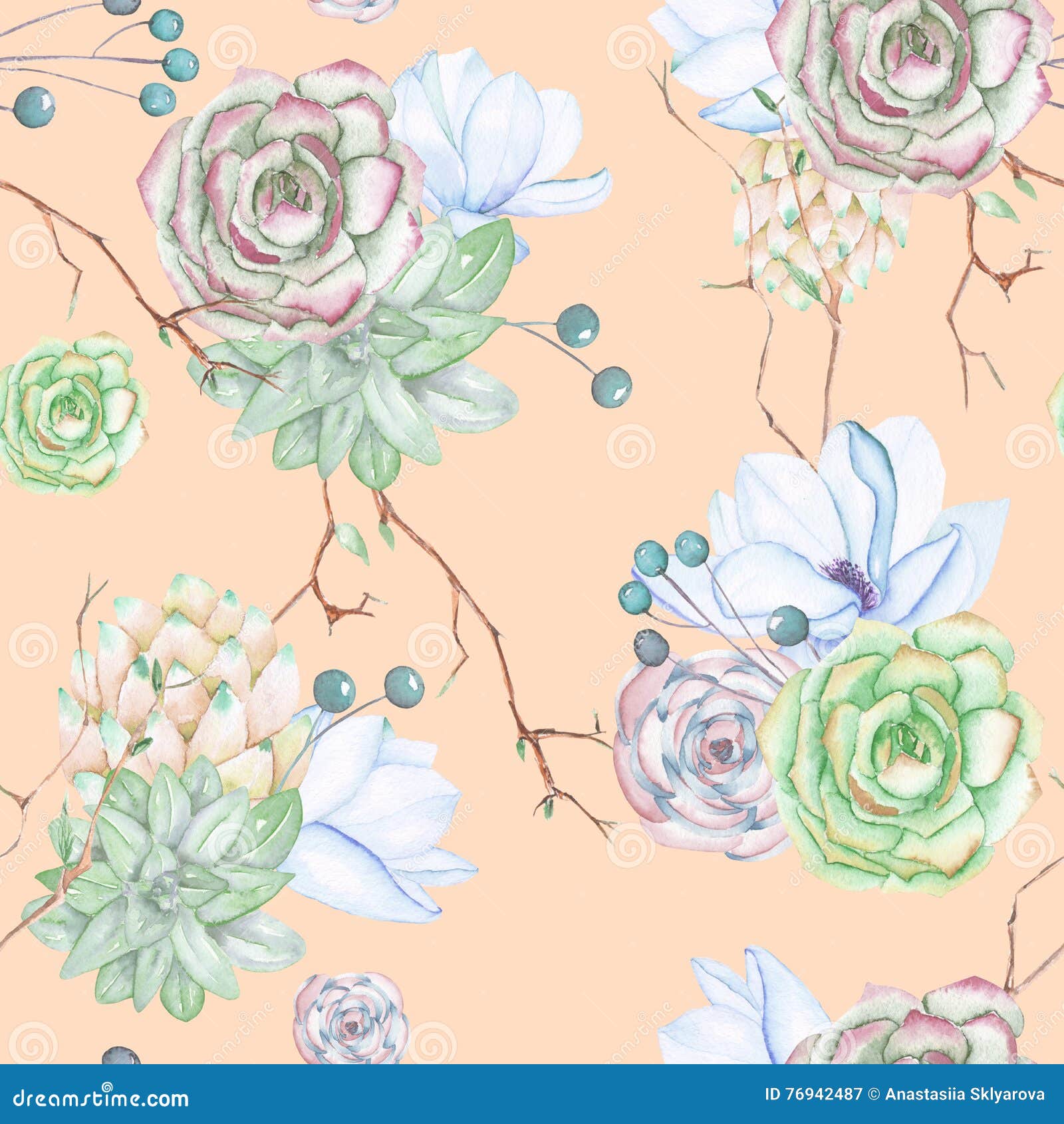 A Seamless Pattern with the Succulents, Flowers, Leaves and Branches ...