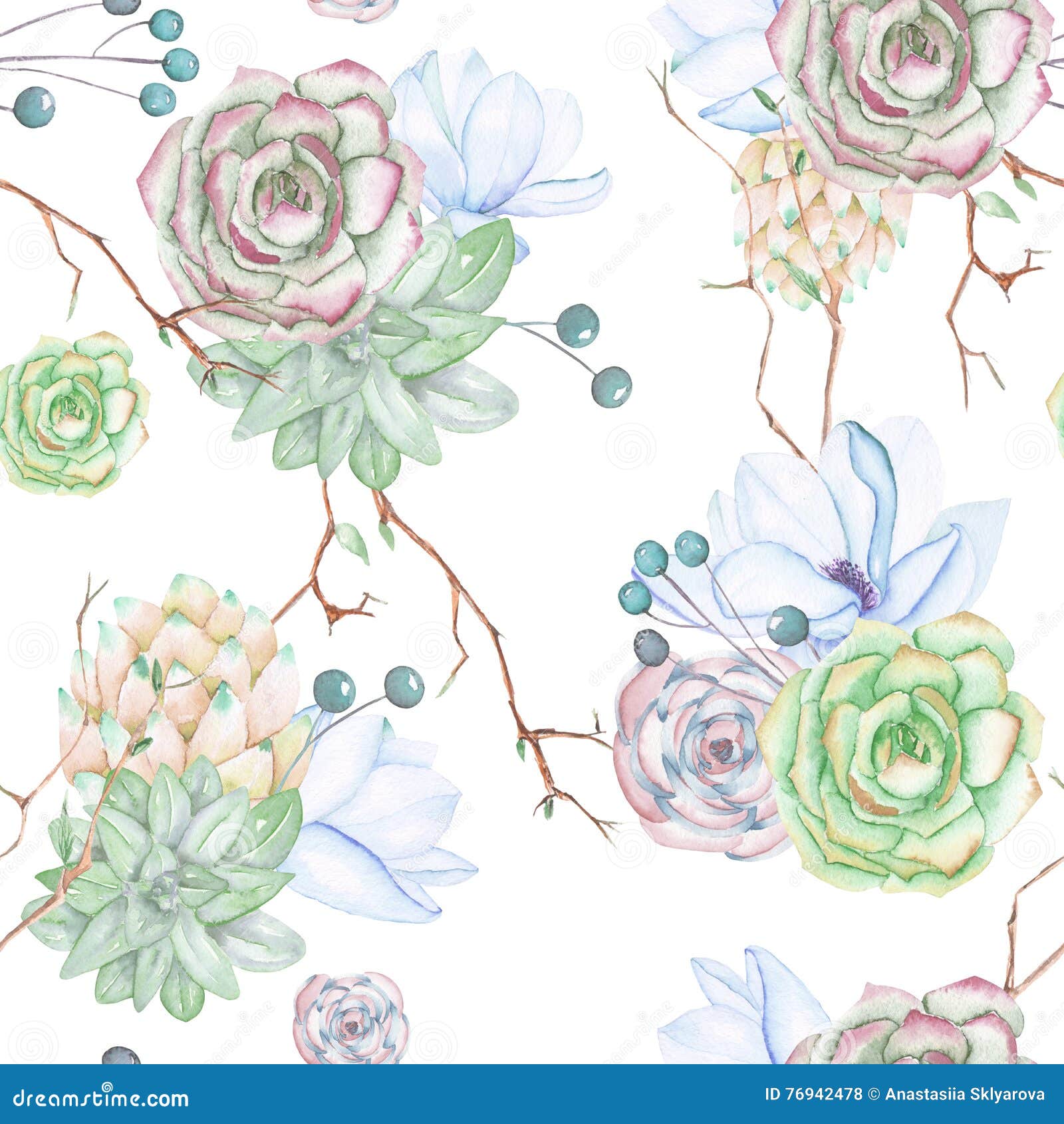 A Seamless Pattern with the Succulents, Flowers, Leaves and Branches ...