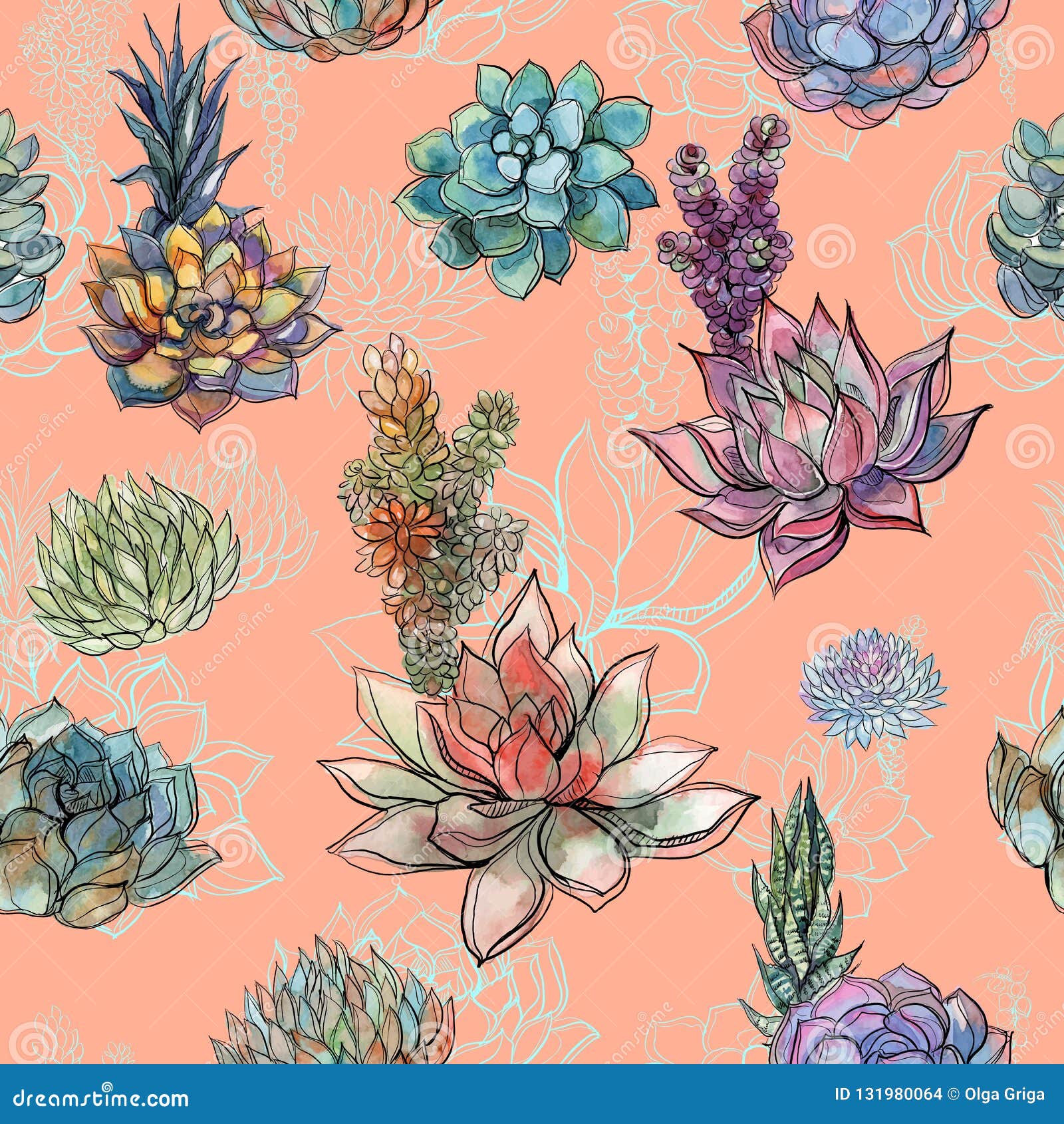 Seamless Pattern with Succulents . Graphics. Watercolor. Vector Stock ...
