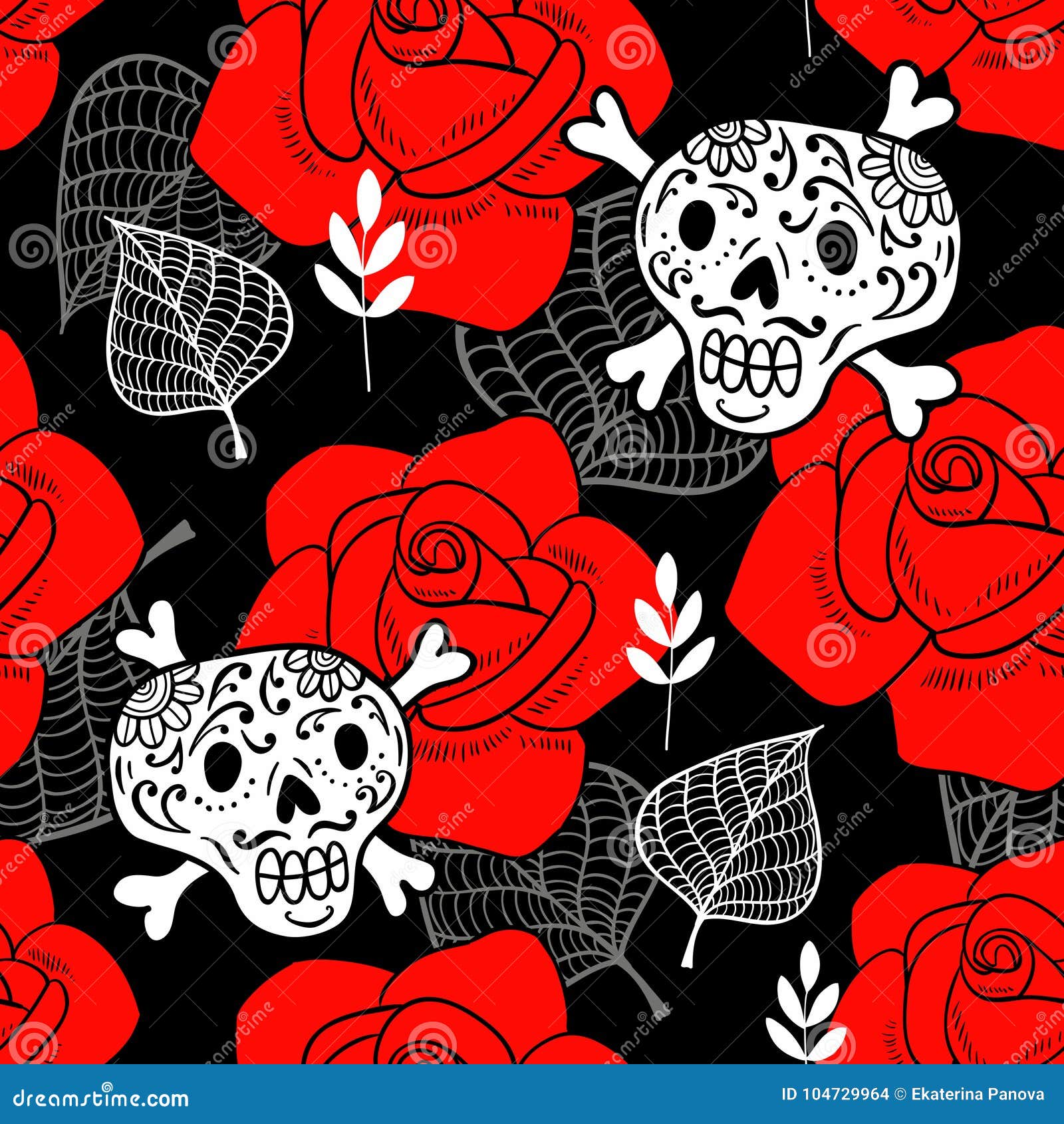 Seamless Pattern with Sugar Skulls and Red Roses. Stock Vector ...