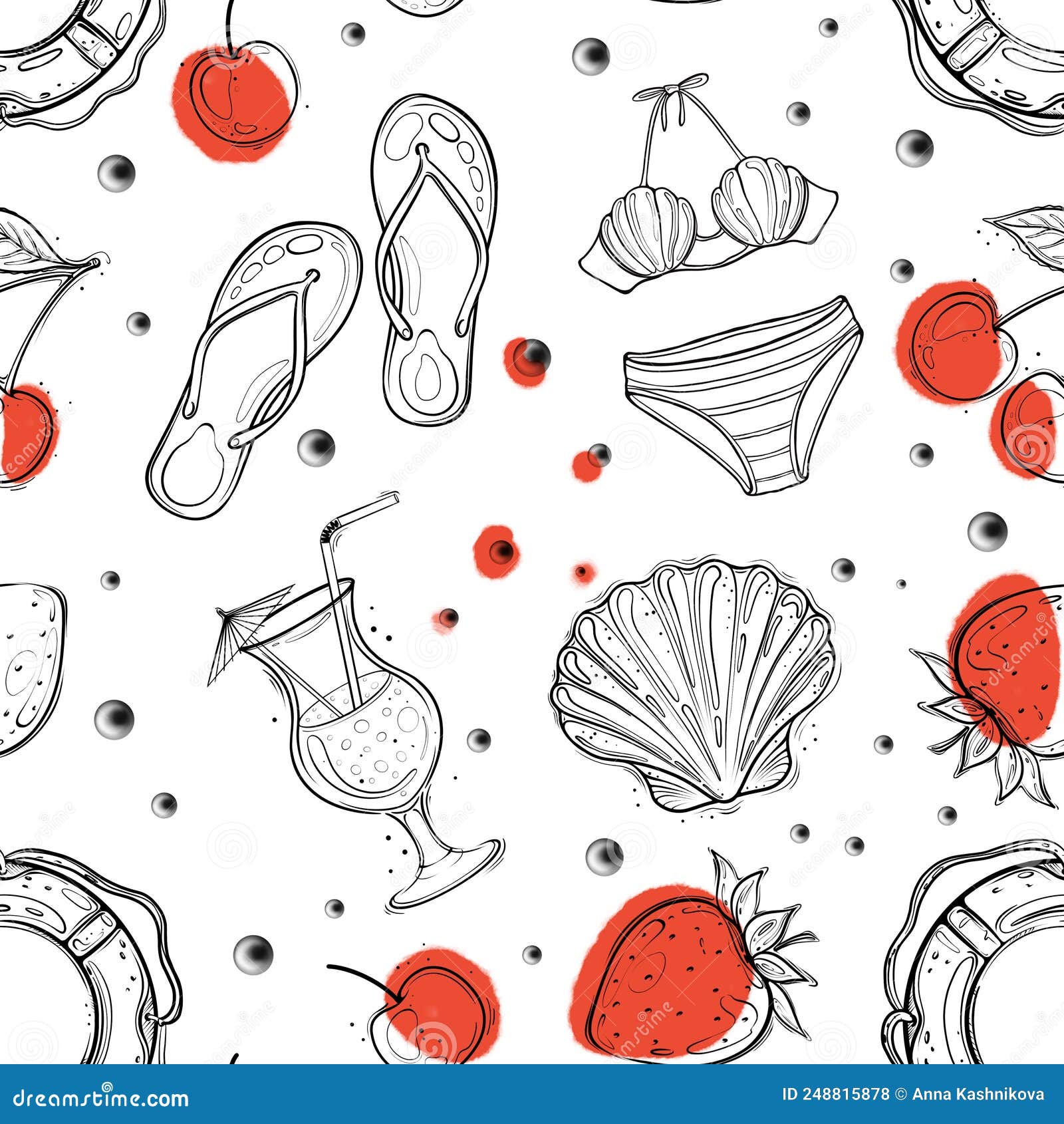 Seamless Pattern Summer Doodle Black Outline with Red Color Stock ...